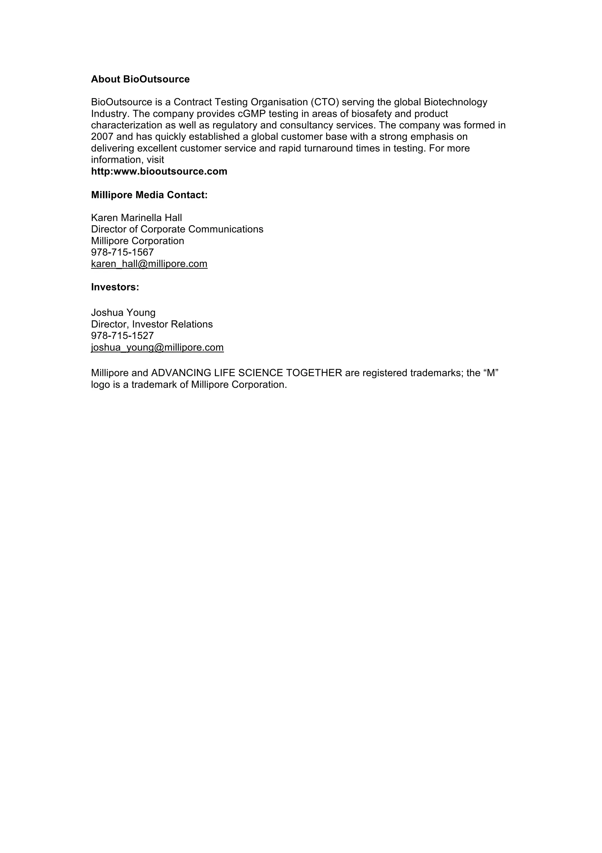 Millipore biooutsource | PDF | Biotech and Biomedical Industry | Industries