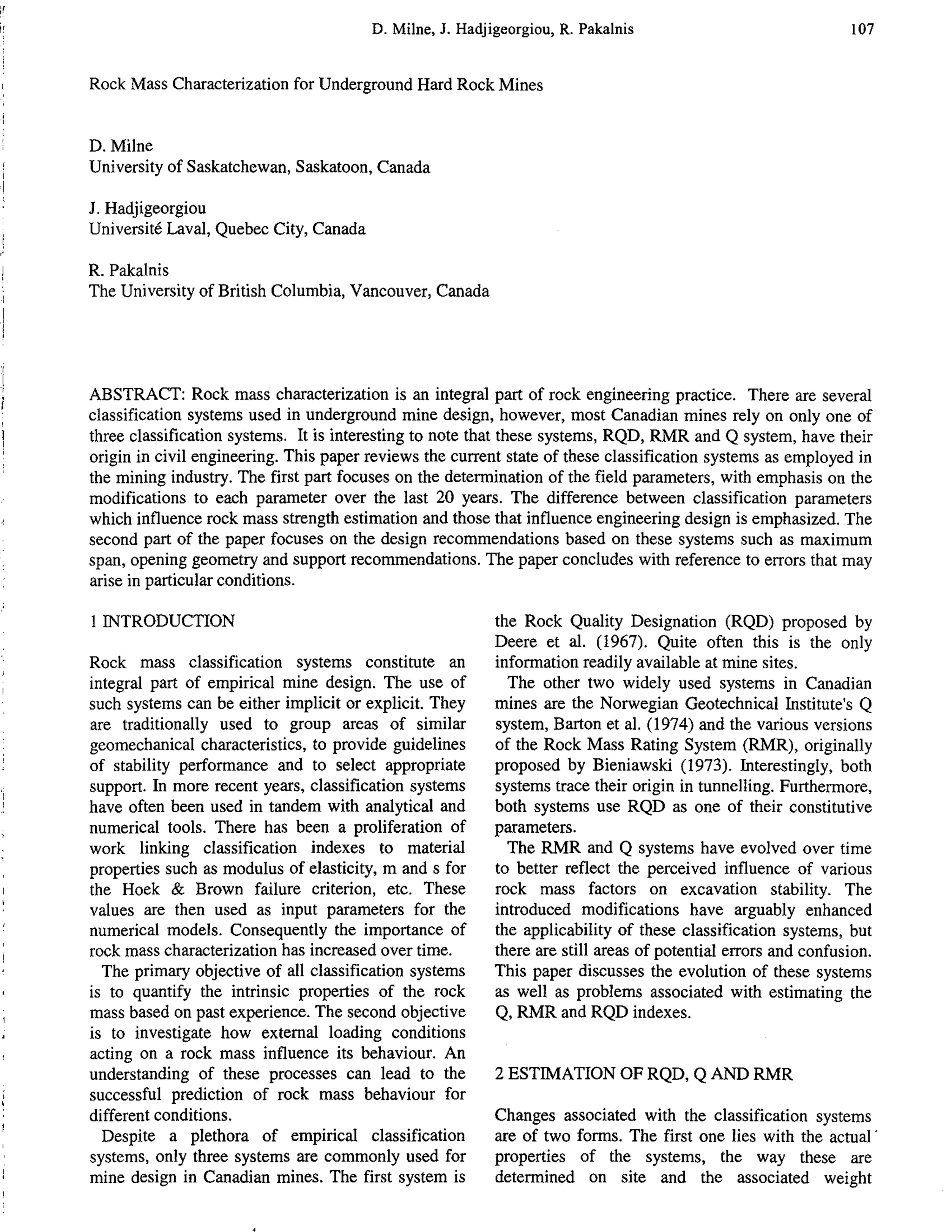 Milne et al-rock mass characterization | PDF