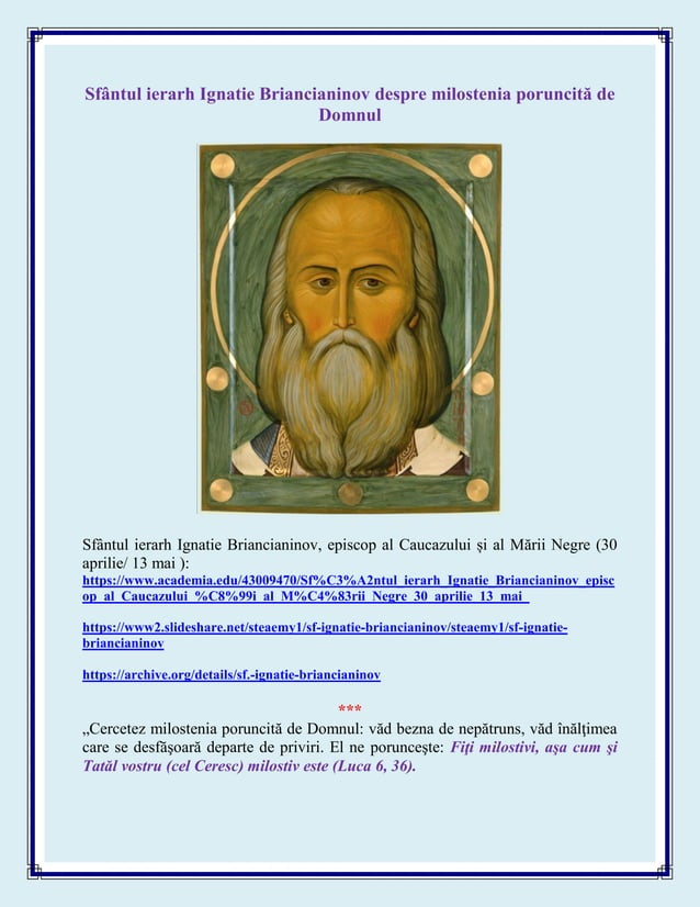 Sfântul ierarh Ignatie Briancianinov despre milostenia poruncită de ...