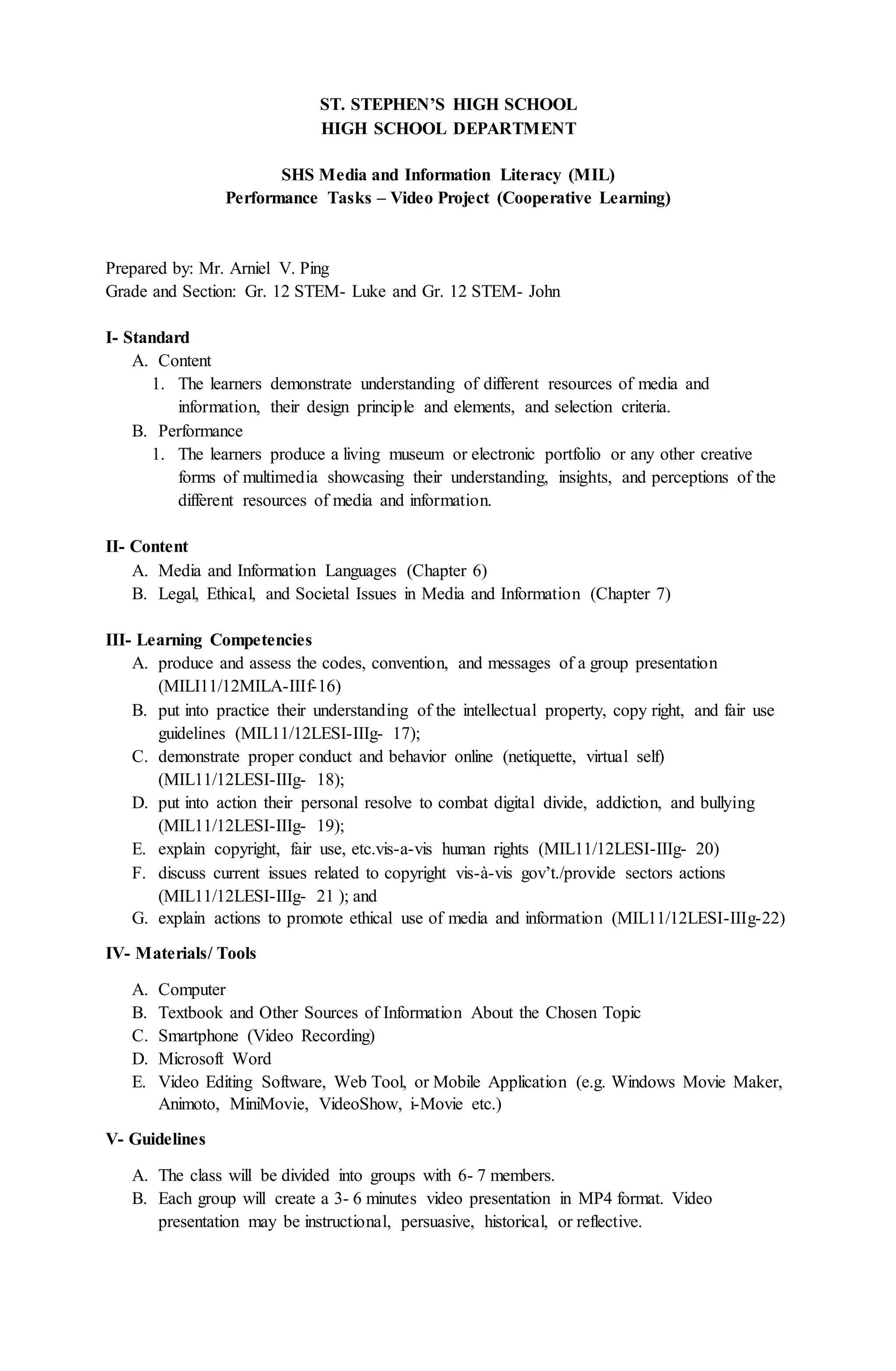 Media and Information Literacy (MIL) Performance Task - Video Project (Cooperative Learning) | DOCX