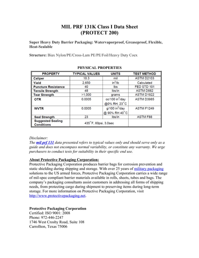 MIL PRF 131K Class I Data Sheet | DOC