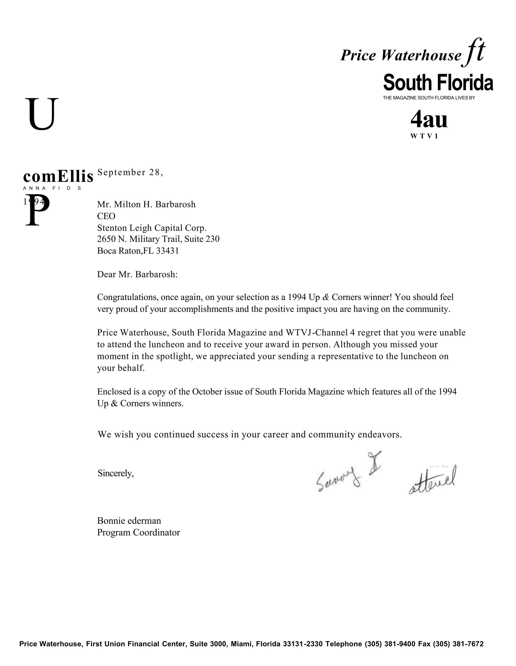 Milton Barbarosh Wins Price Waterhouse up + Comers Award | PPTX