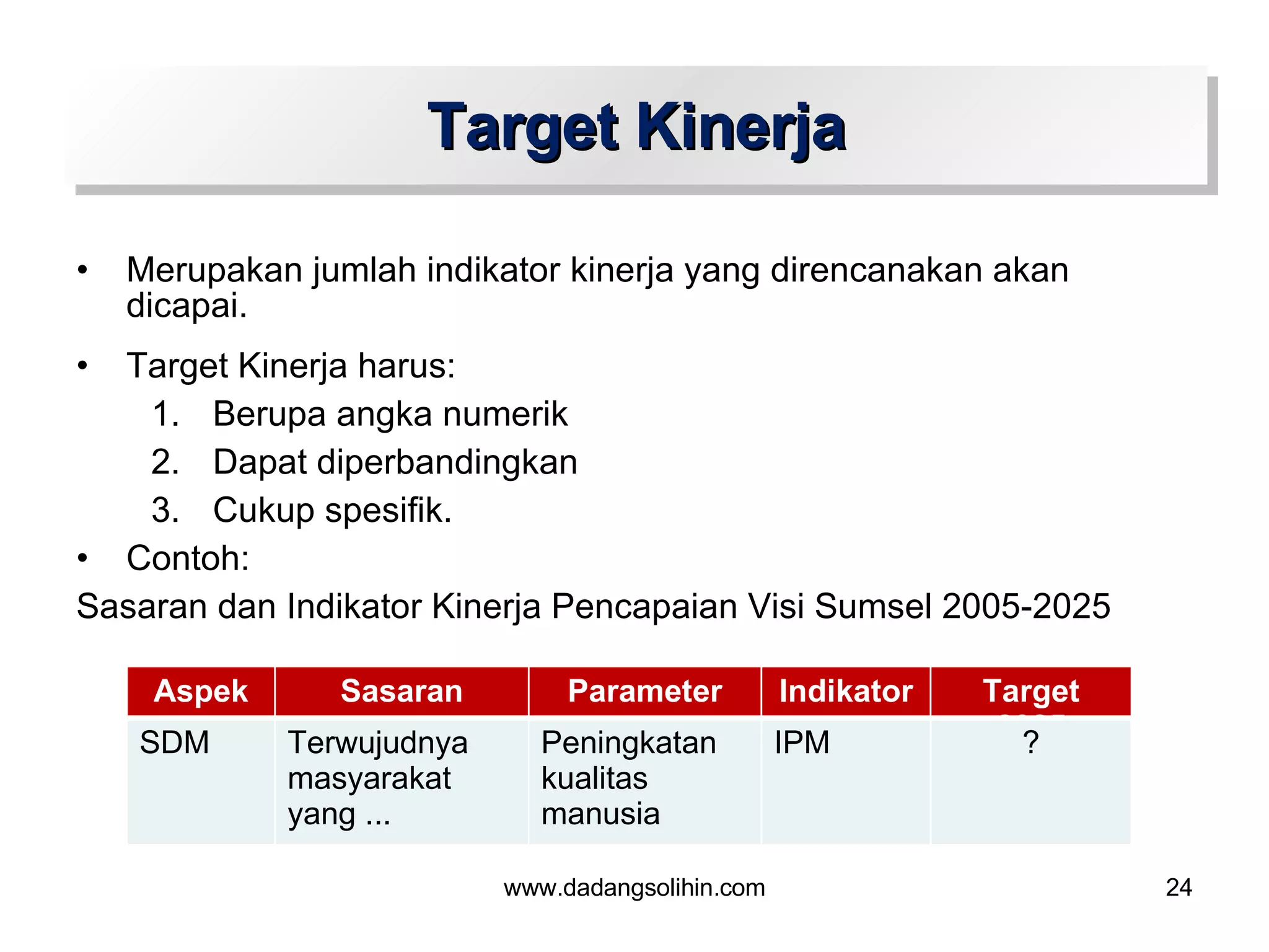 Teknik Penyusunan Kriteria dan Indikator Kinerja Pembangunan | PPT