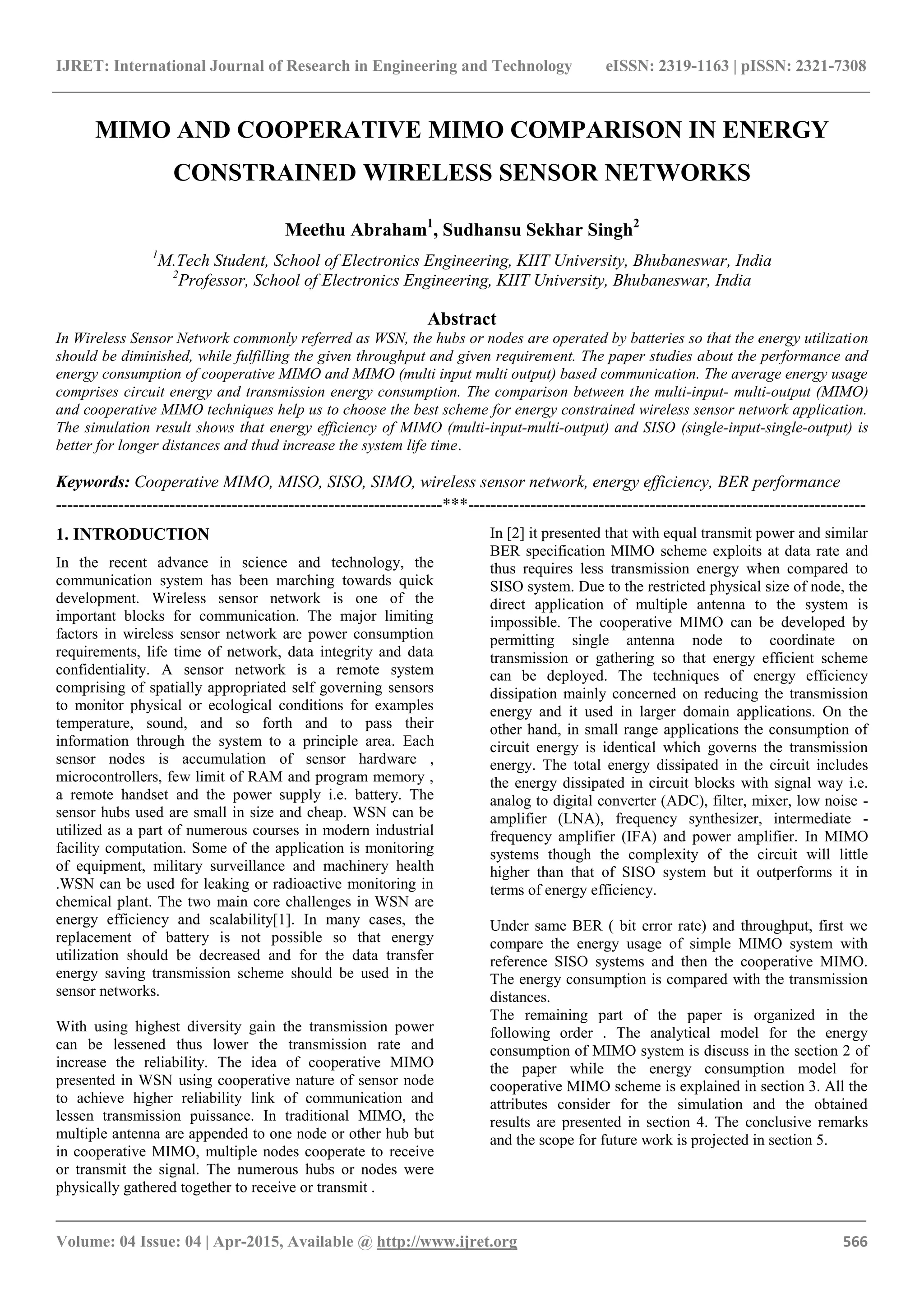 Mimo And Cooperative Mimo Comparison In Energy Constrained Wireless Sensor Networks Pdf
