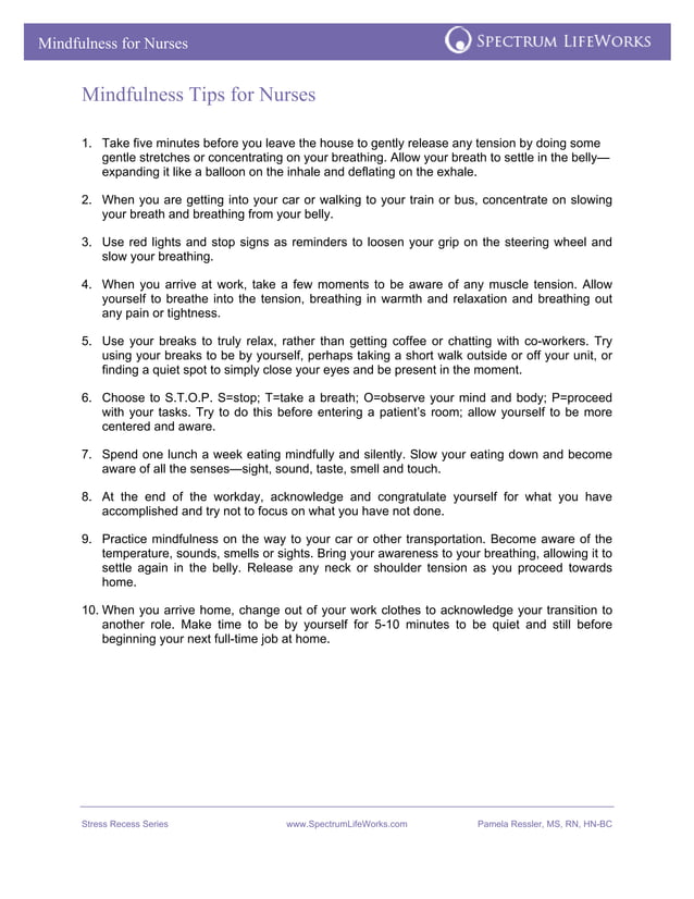 Mindfulness For Nurses Handout | PDF | Wellness | Healthy Living