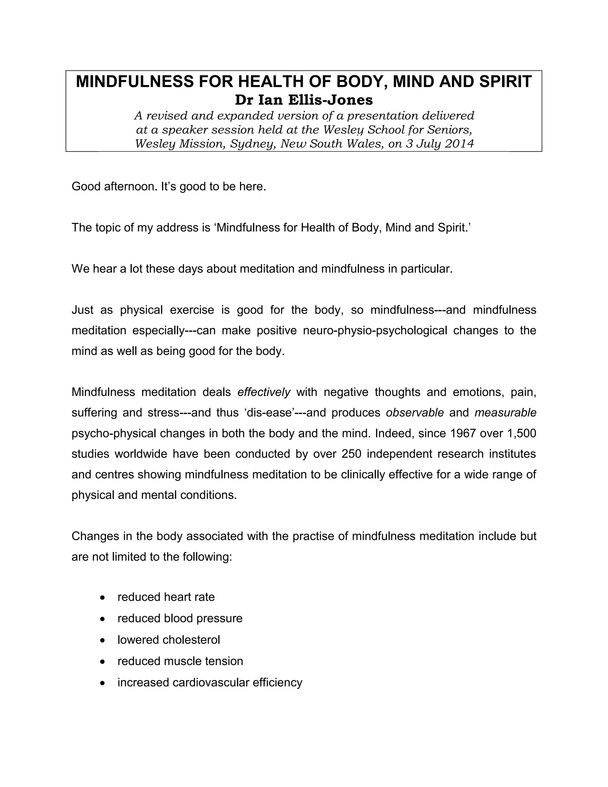 MINDFULNESS FOR HEALTH OF BODY, MIND AND SPIRIT | PDF