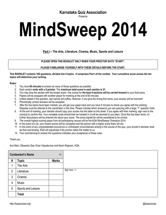 KQA MindSweep 2014 Part I Questions | PDF | Hobbies & Interests