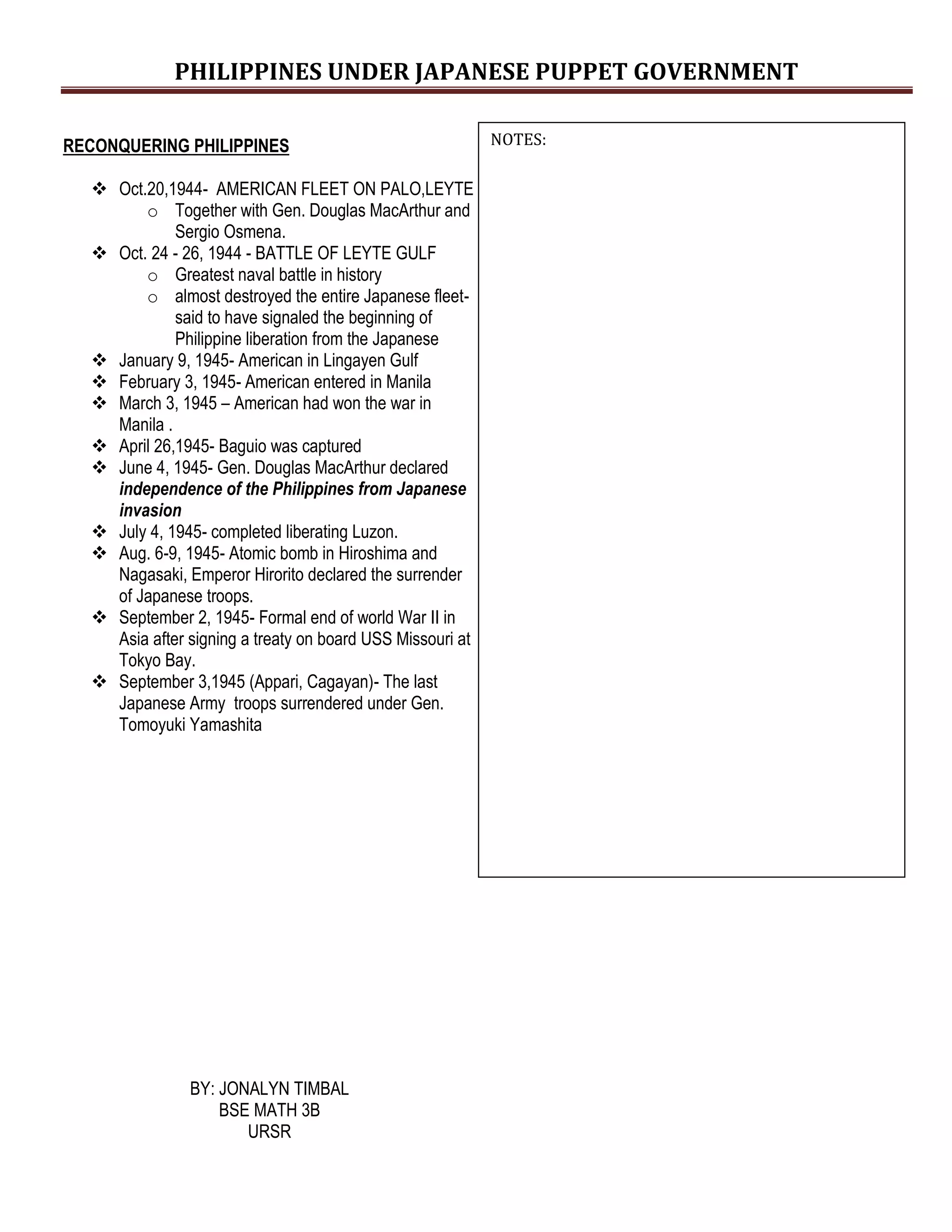 Philippines Under Puppet Government written report | DOCX