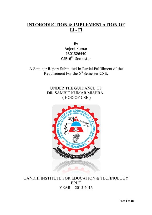Seminar Report On Implementation Of Li-FI Technology | PDF | Computer Networking | Computing