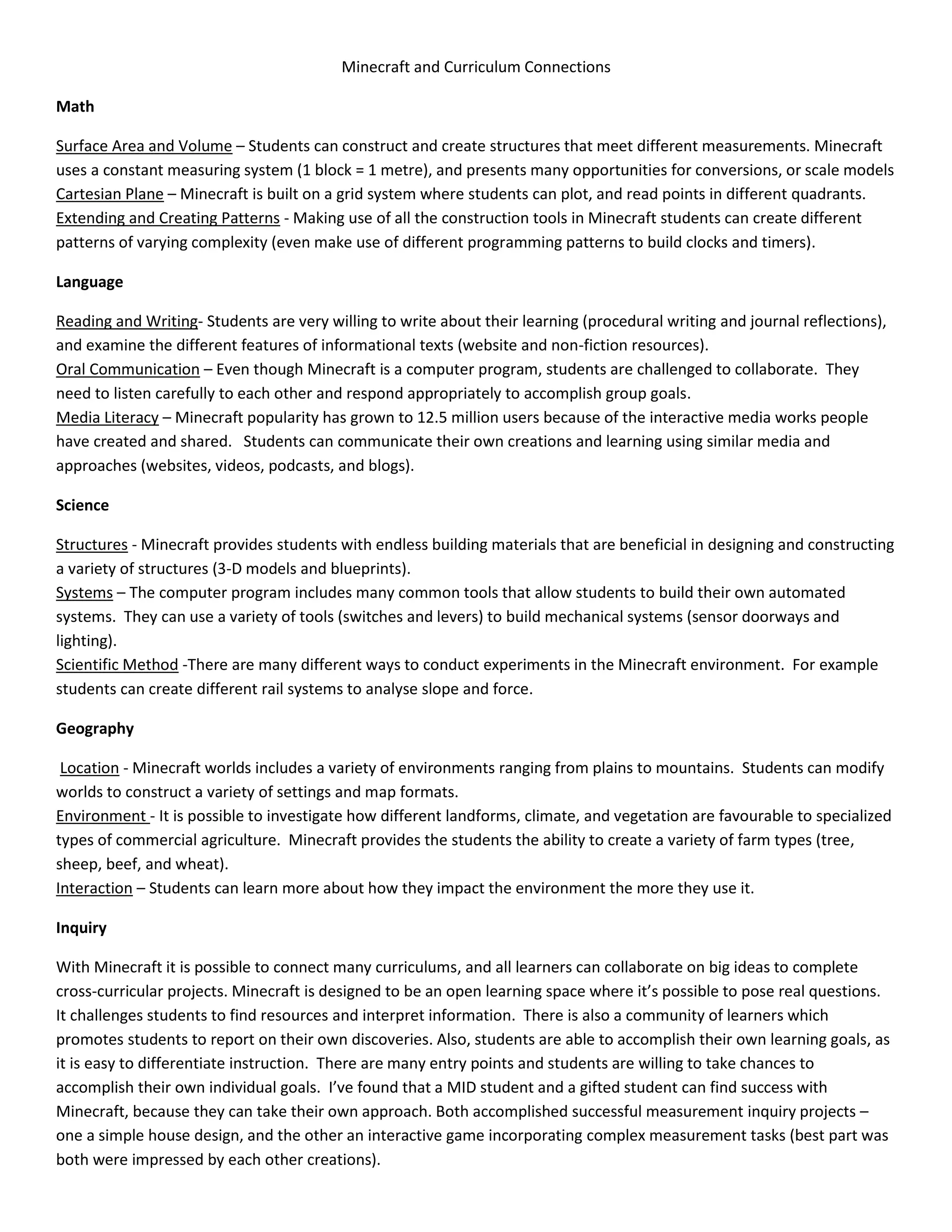 Minecraft and grade 7 8 curriculum expecations | DOCX