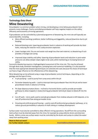 Mine dewatering technology data sheet | PDF