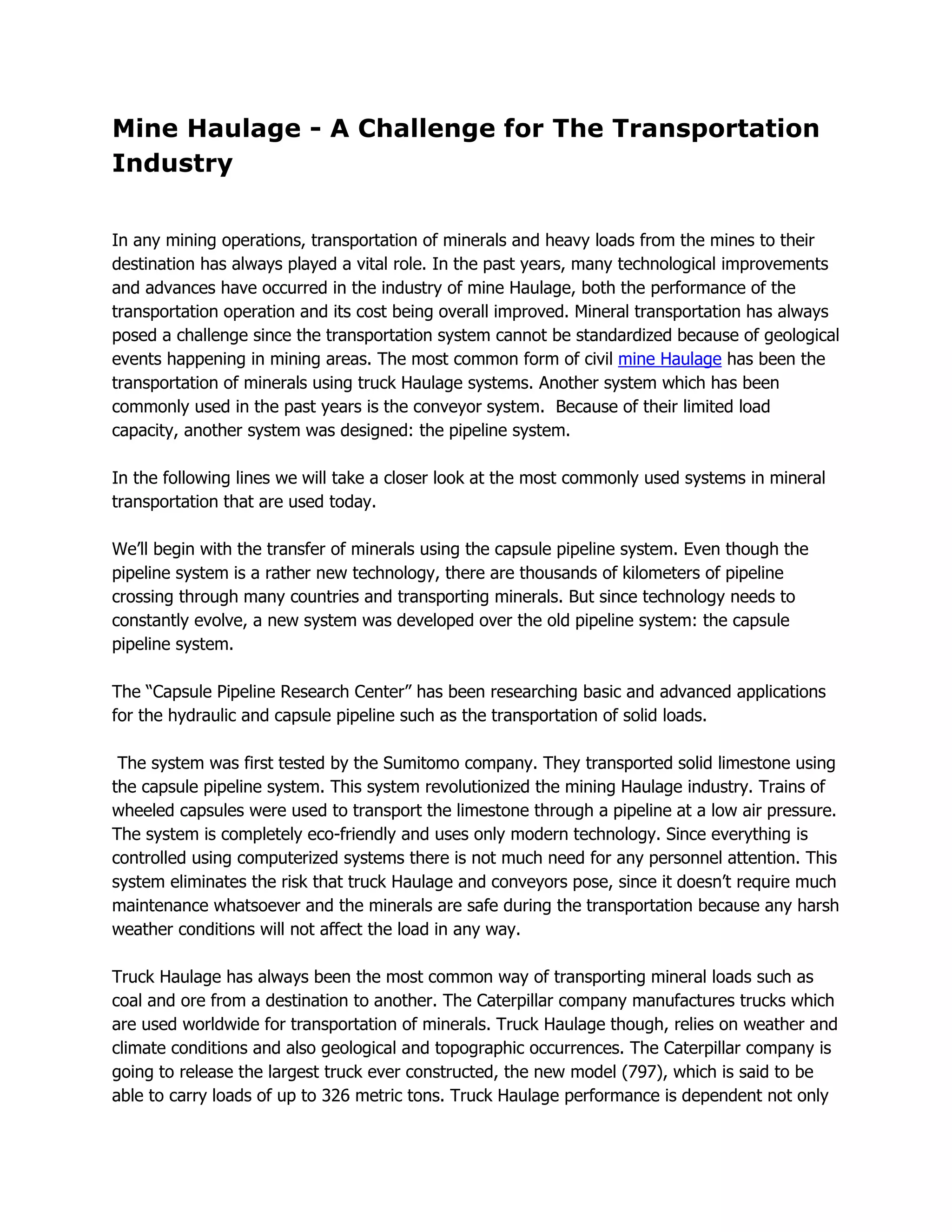 Mine Haulage - A Challenge for The Transportation Industry | PDF