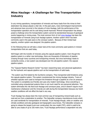 Mine Haulage - A Challenge for The Transportation Industry | PDF