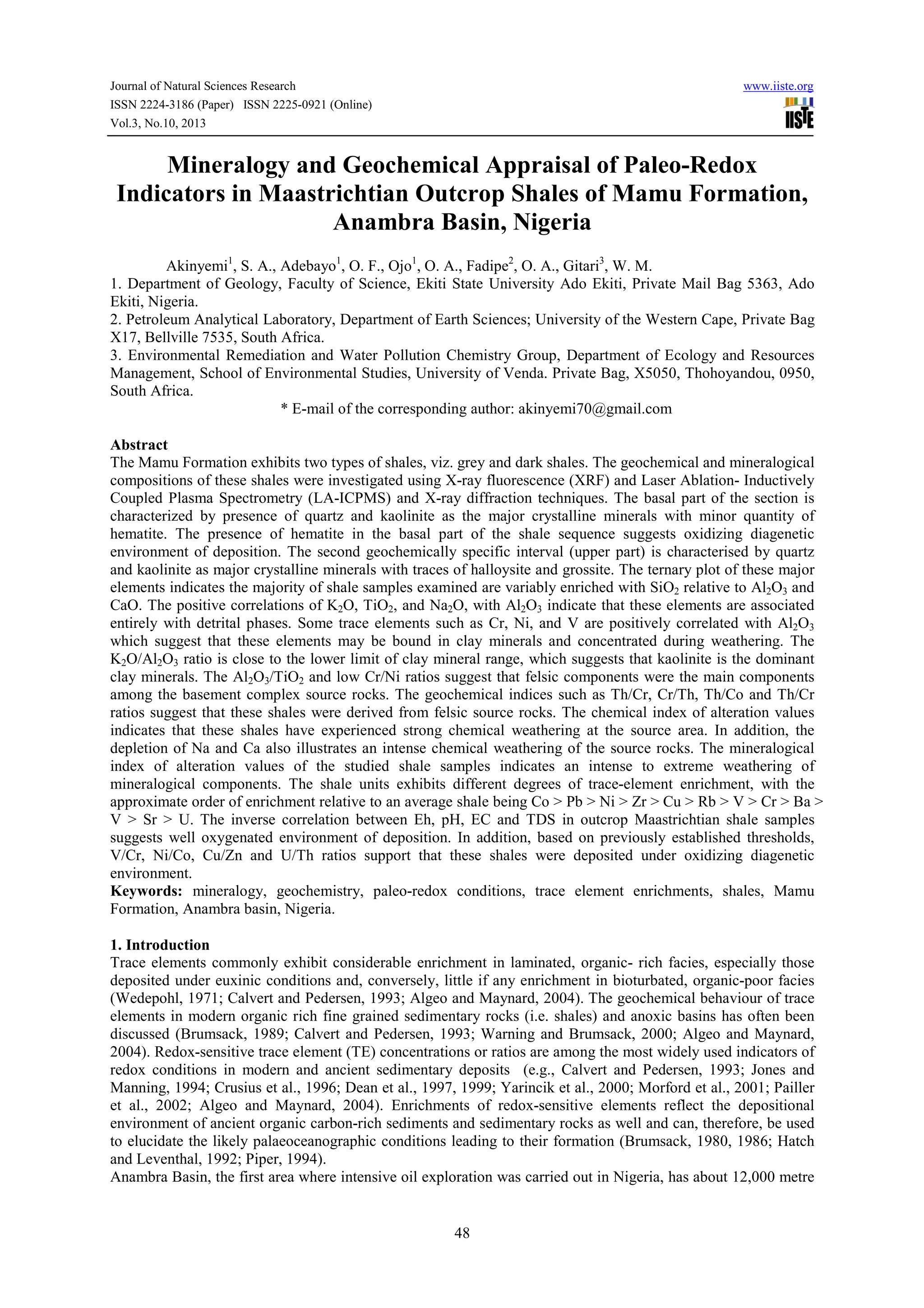 Mineralogy and geochemical appraisal of paleo redox indicators in ...
