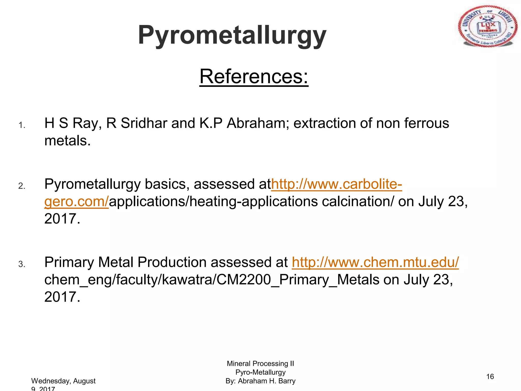 Mineral Processing (Pyrometallurgy) | PPTX