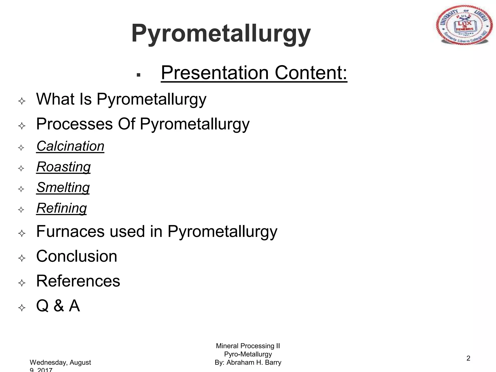Mineral Processing (Pyrometallurgy) | PPTX