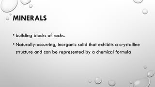 Minerals.pptx tyeps of minerals and its specimen | PPTX | Geology | Science