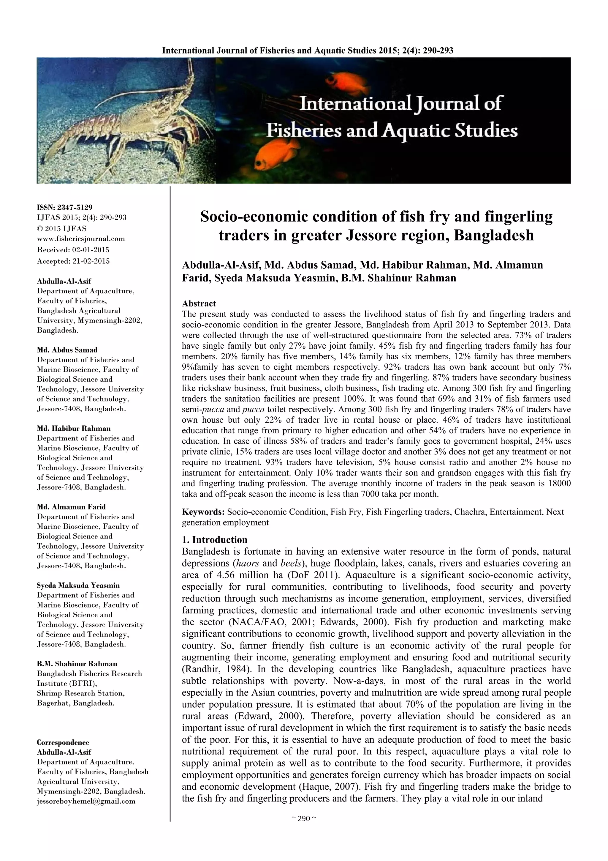 Socio-economic condition of fish fry and fingerling traders in greater ...