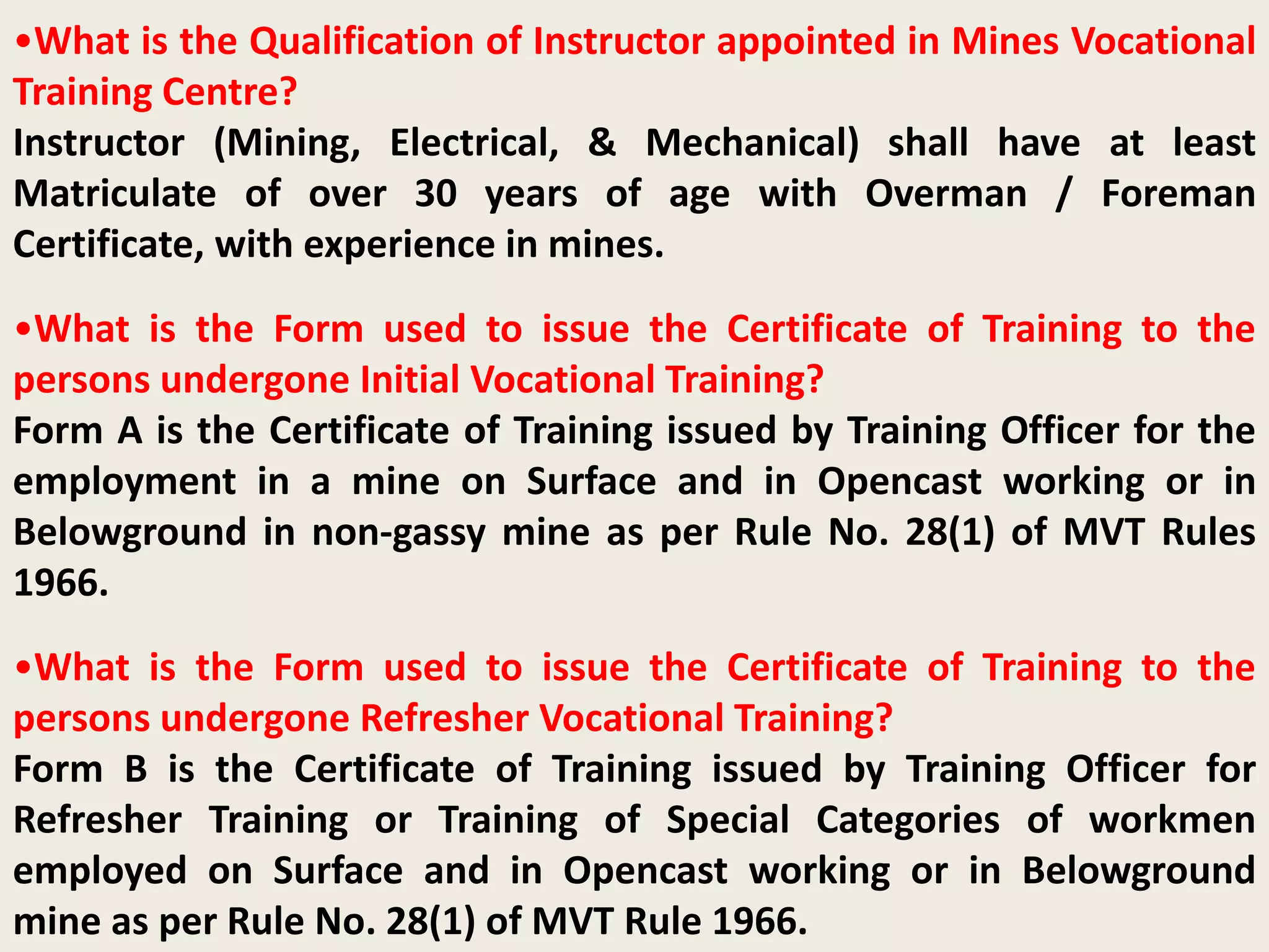 Mines vocational training rules 1966 short answer notes | PPTX