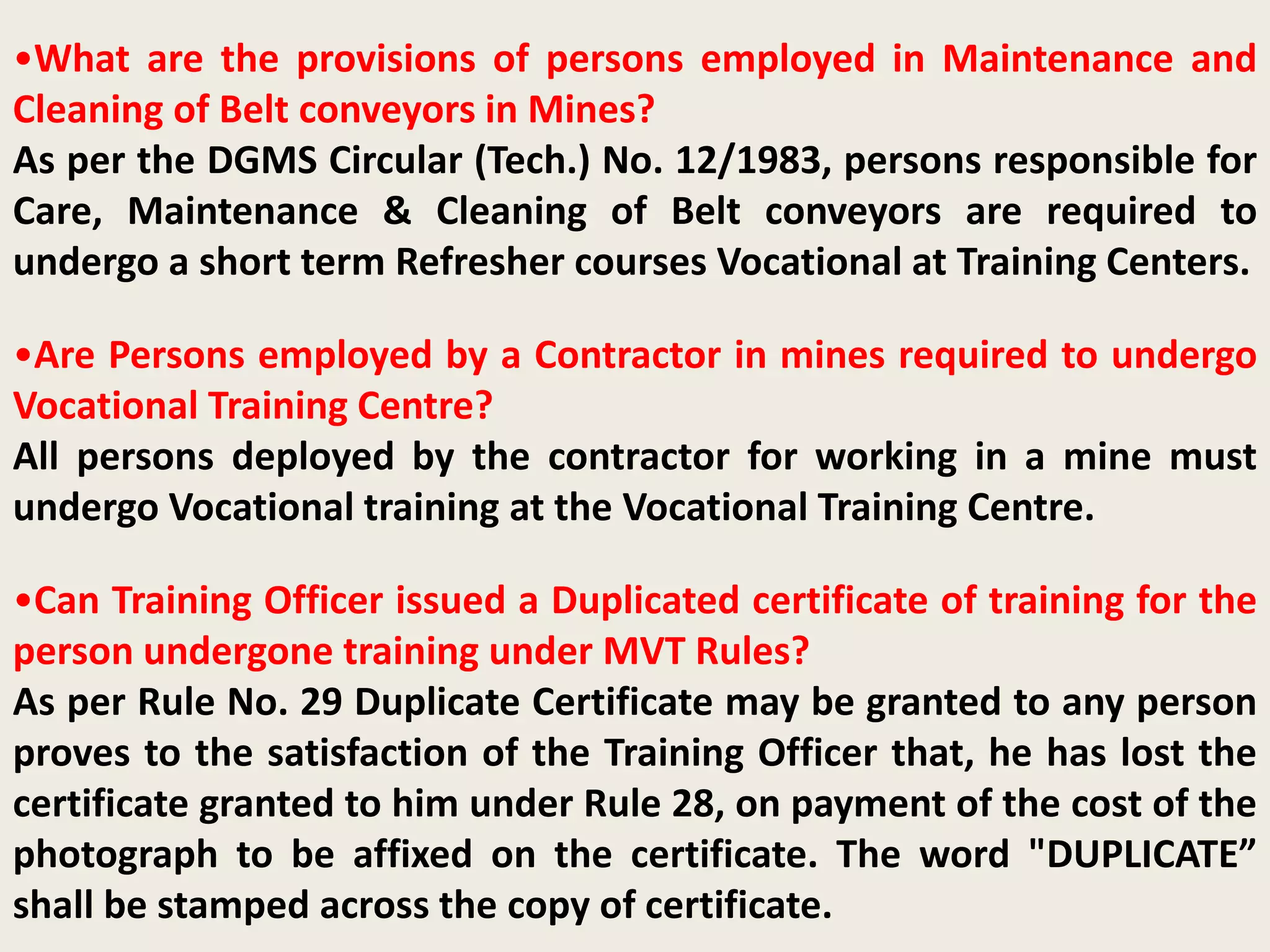 Mines vocational training rules 1966 short answer notes | PPTX