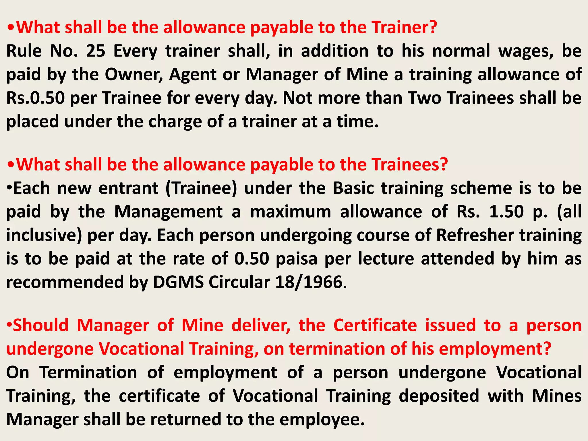 Mines vocational training rules 1966 short answer notes | PPTX