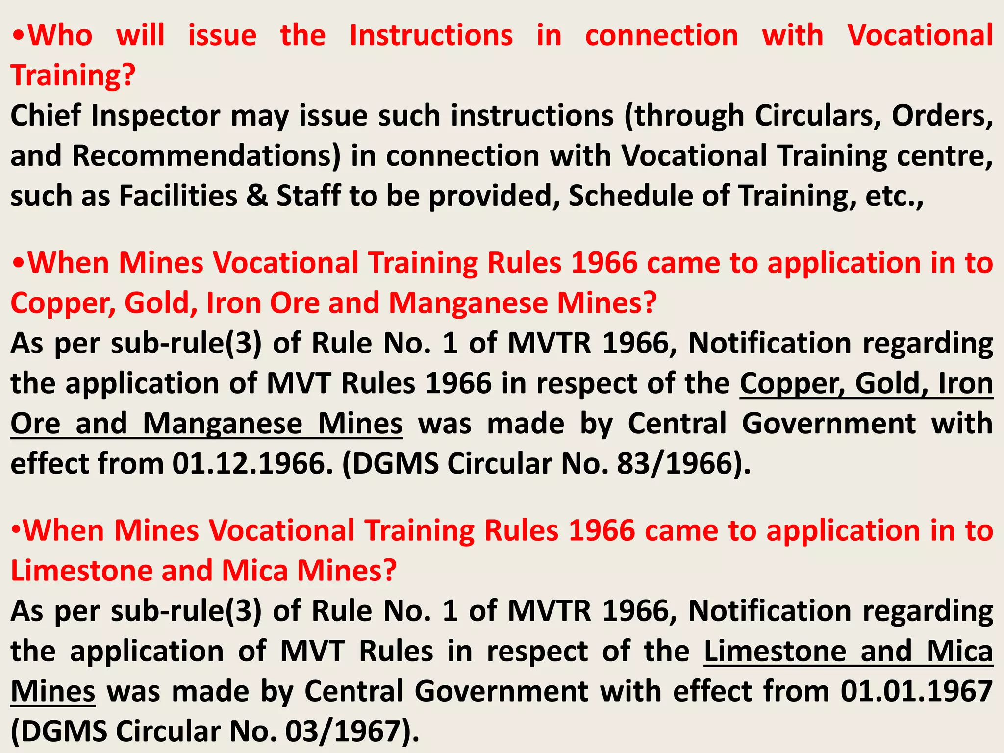 Mines vocational training rules 1966 short answer notes | PPTX