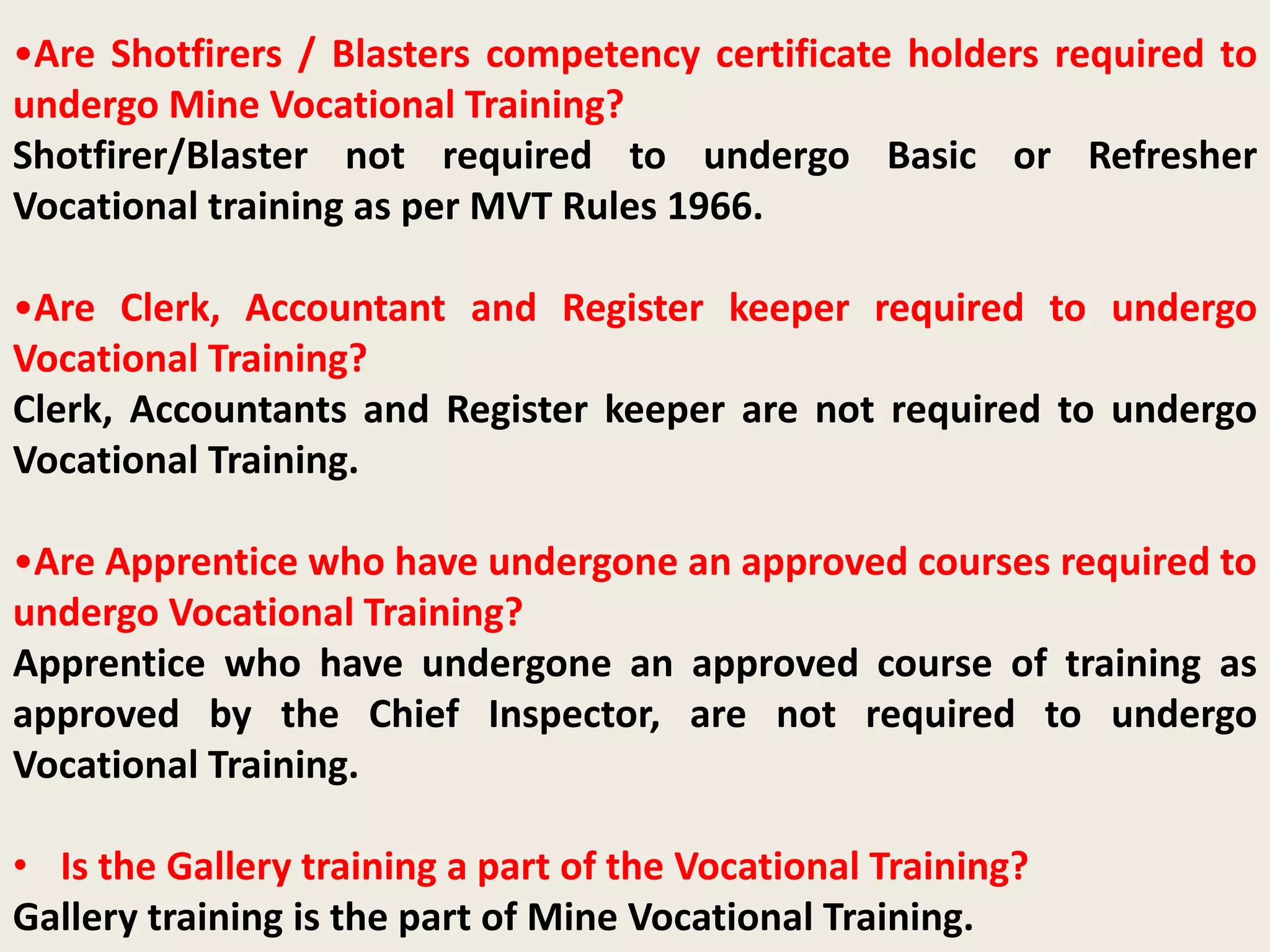 Mines vocational training rules 1966 short answer notes | PPTX