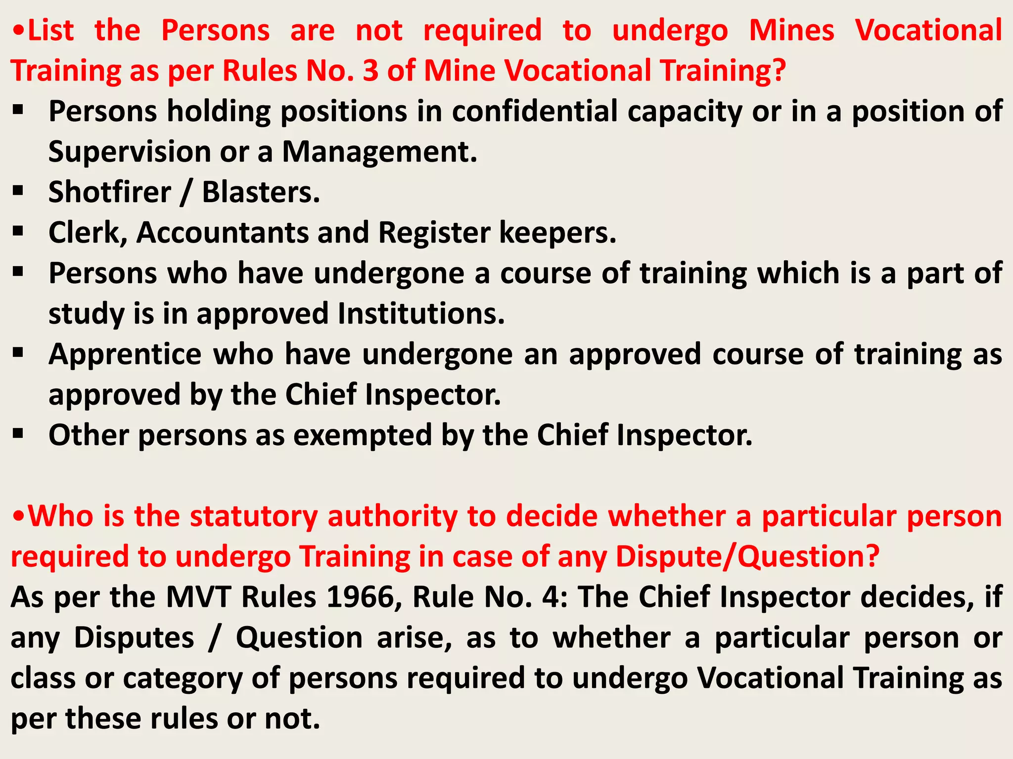 Mines vocational training rules 1966 short answer notes | PPTX