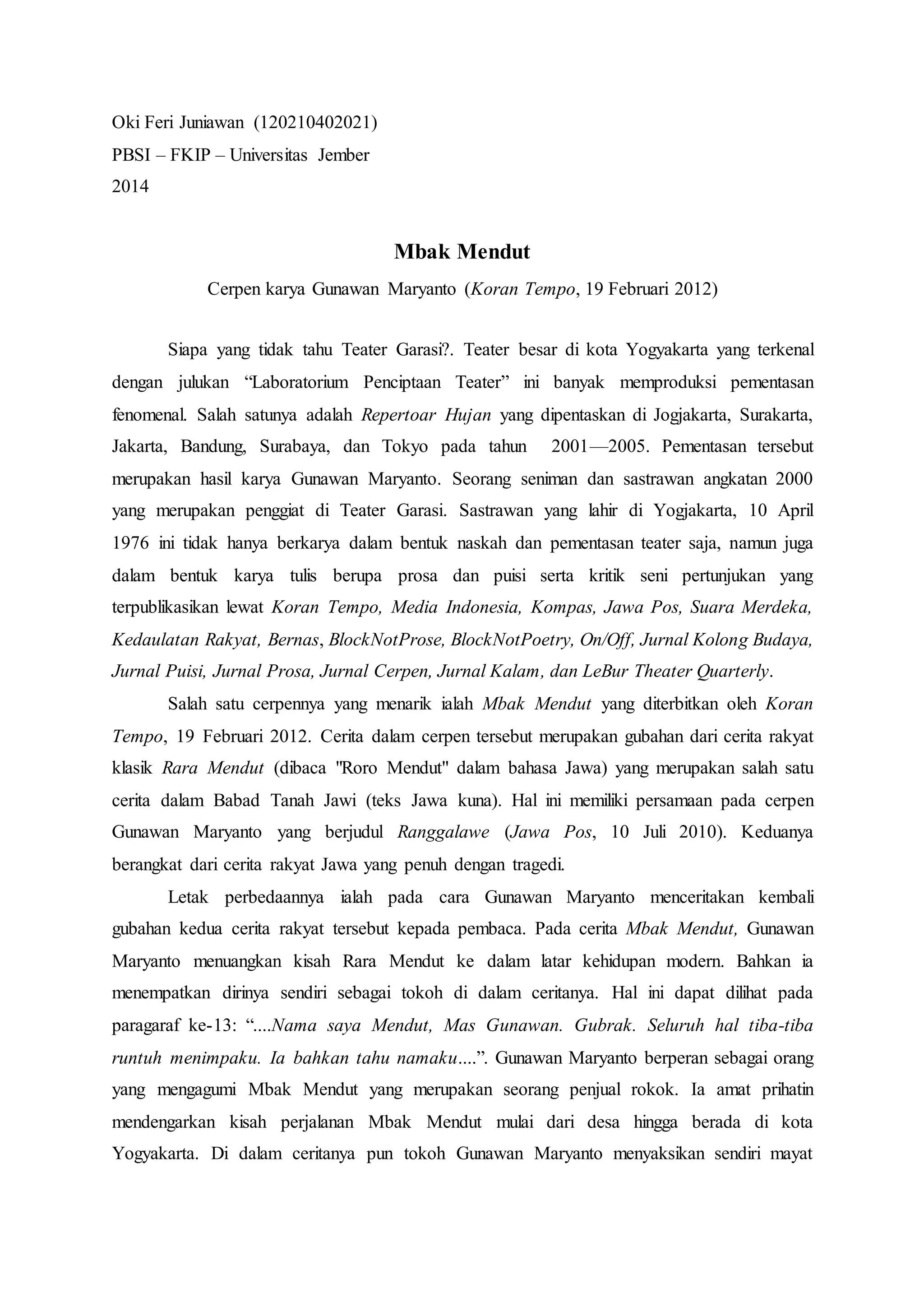 Esay Cerpen Mbak Mendut Karya Gunawan Maryanto | DOCX