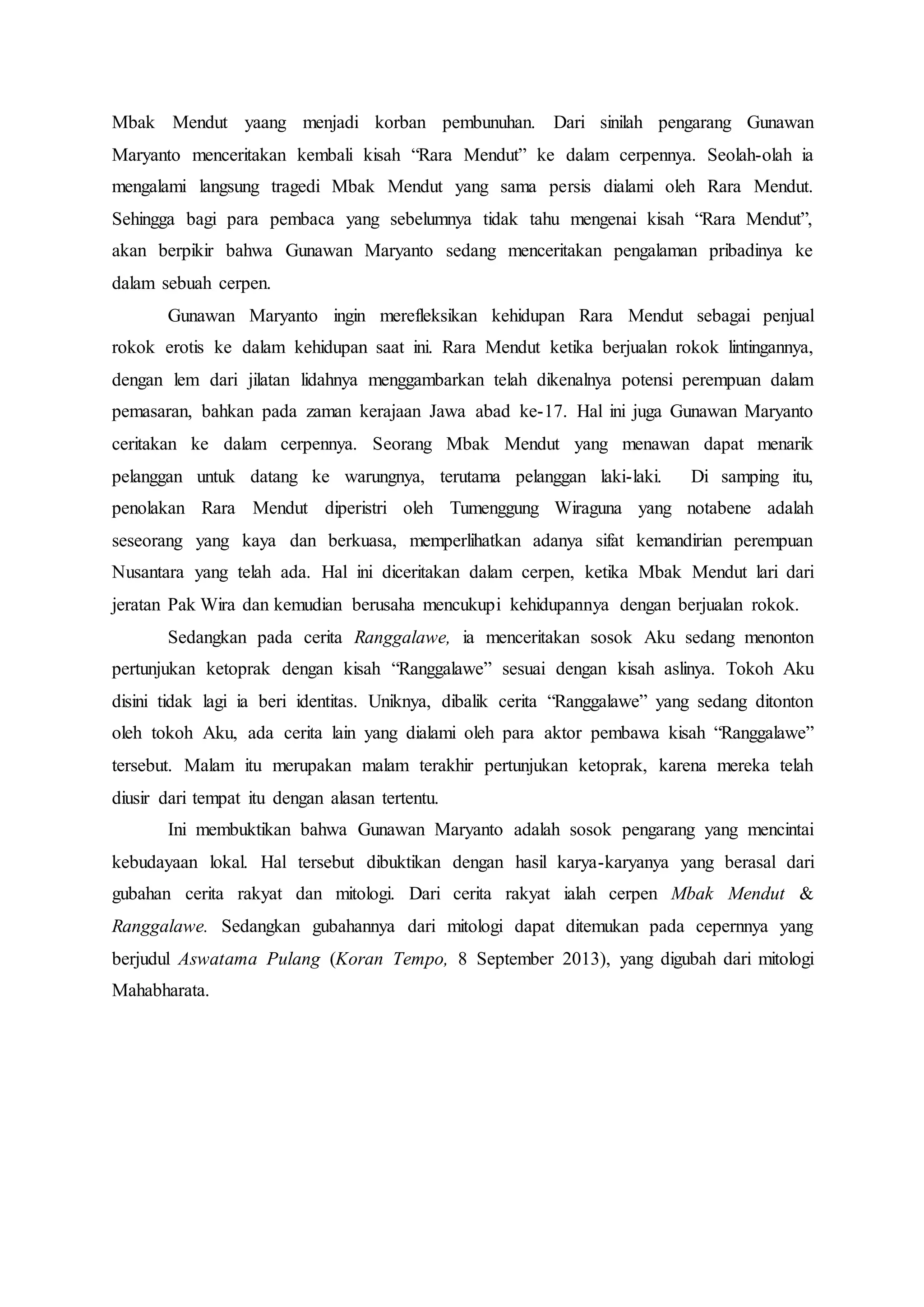 Esay Cerpen Mbak Mendut Karya Gunawan Maryanto | DOCX