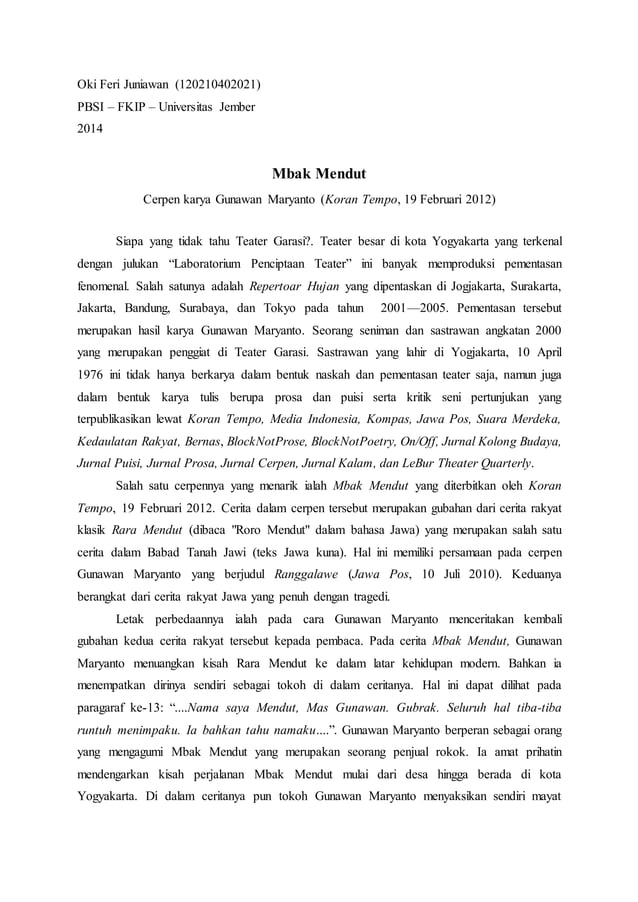 Esay Cerpen Mbak Mendut Karya Gunawan Maryanto | PDF