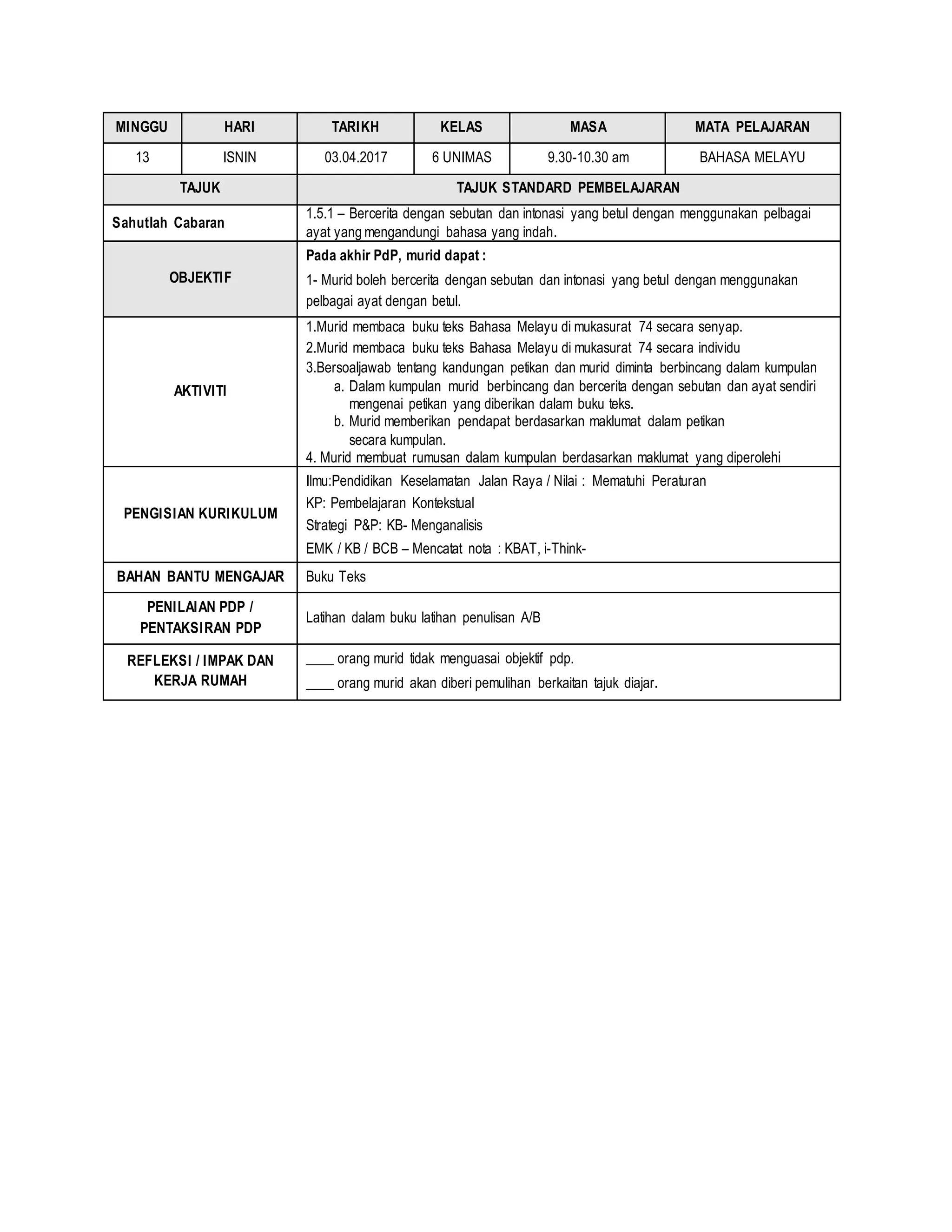 Minggu 13 isnin bm6 | DOCX