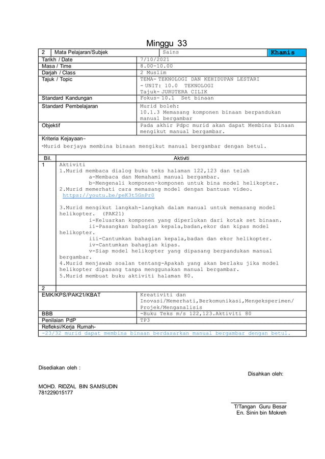 Minggu 33 pkpb 4 okt hingga 7 oktt 2021 ridzal | PDF