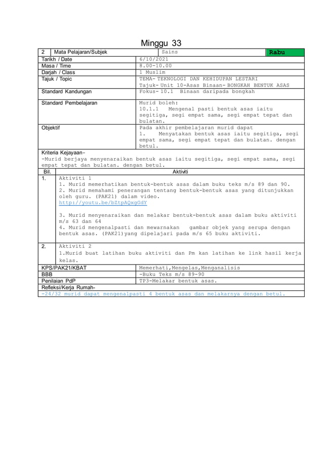 Minggu 33 pkpb 4 okt hingga 7 oktt 2021 ridzal | PDF