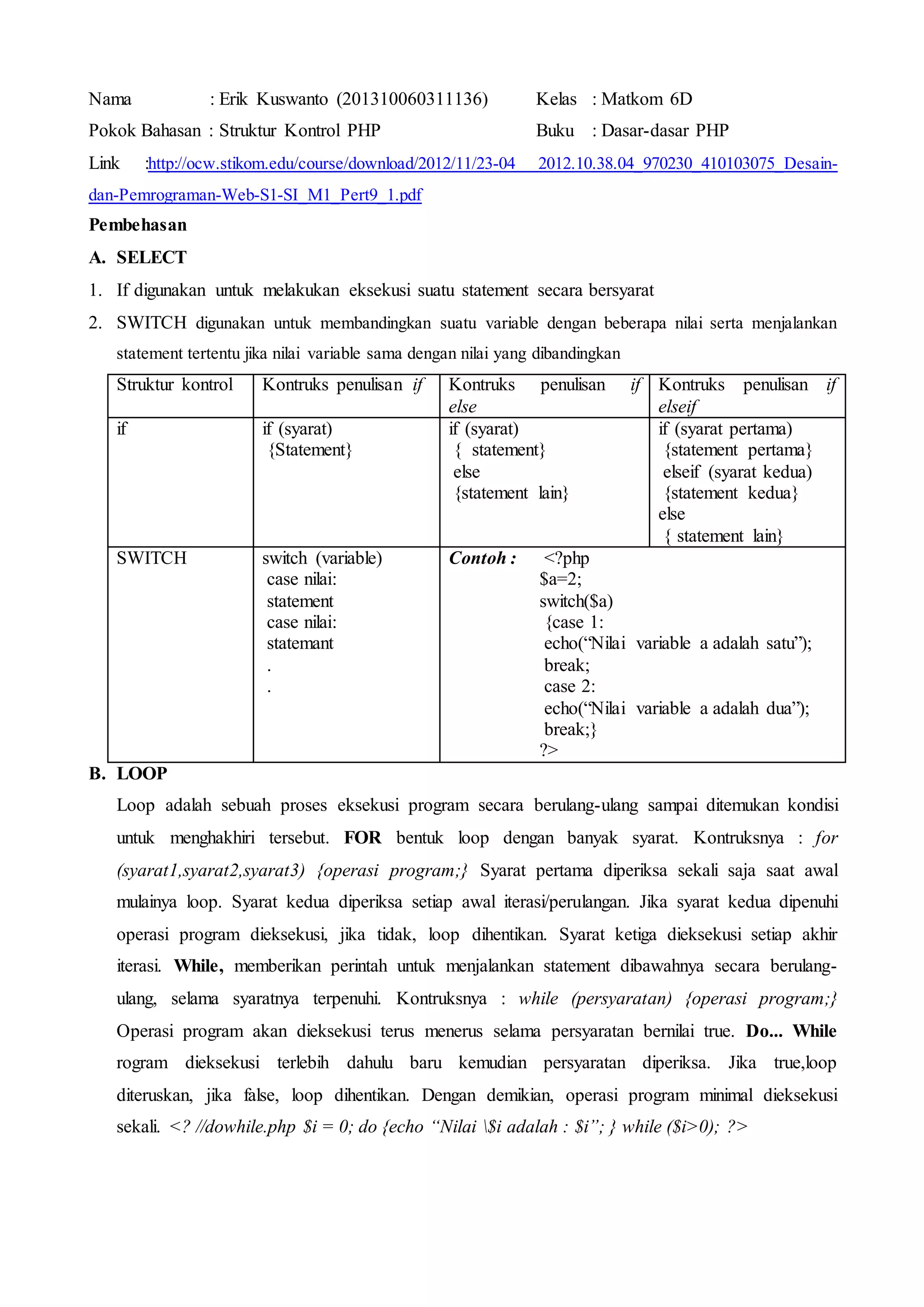 Minggu ke 8 ( struktur kontrol php) | PDF