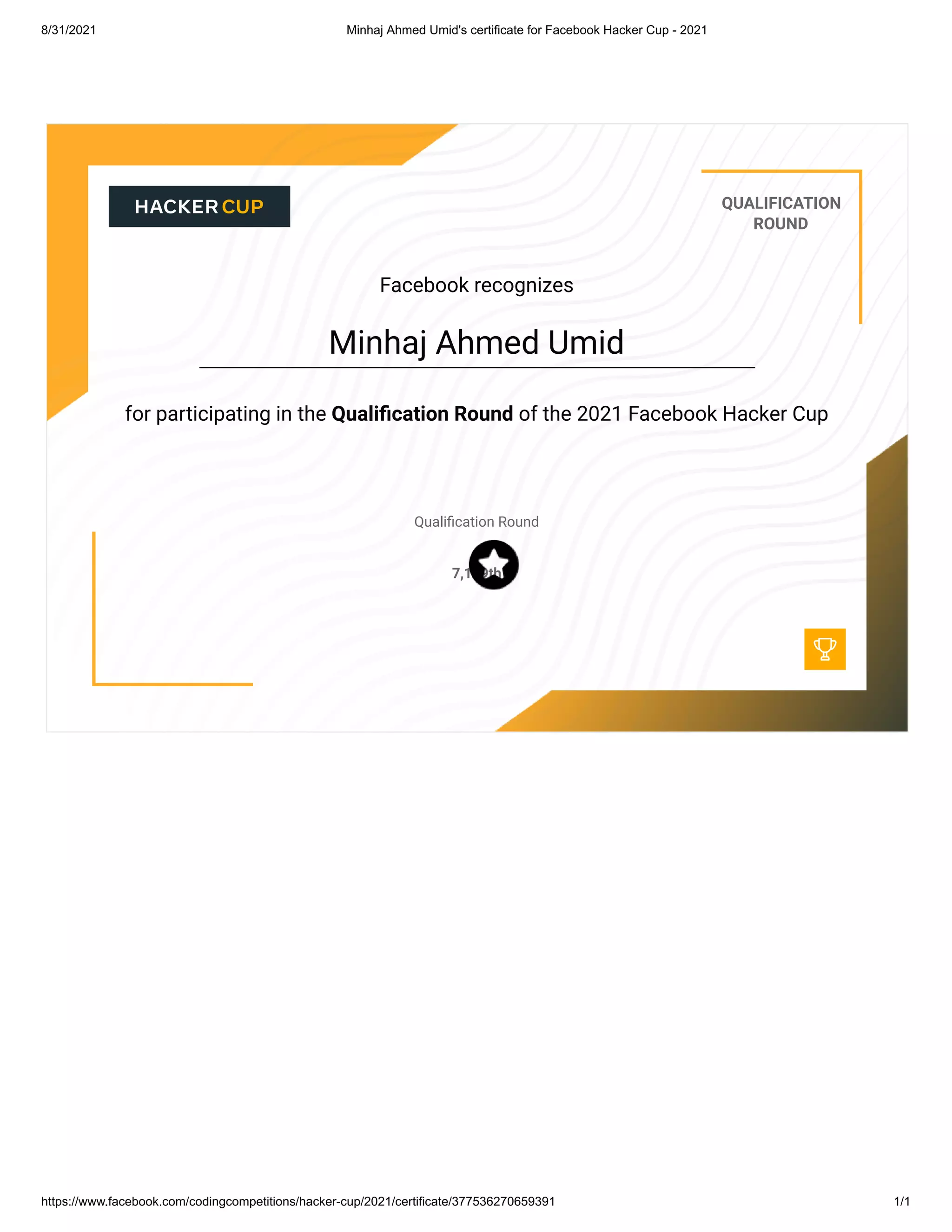 Minhaj ahmed umid's certificate for facebook hacker cup 2021 | PDF