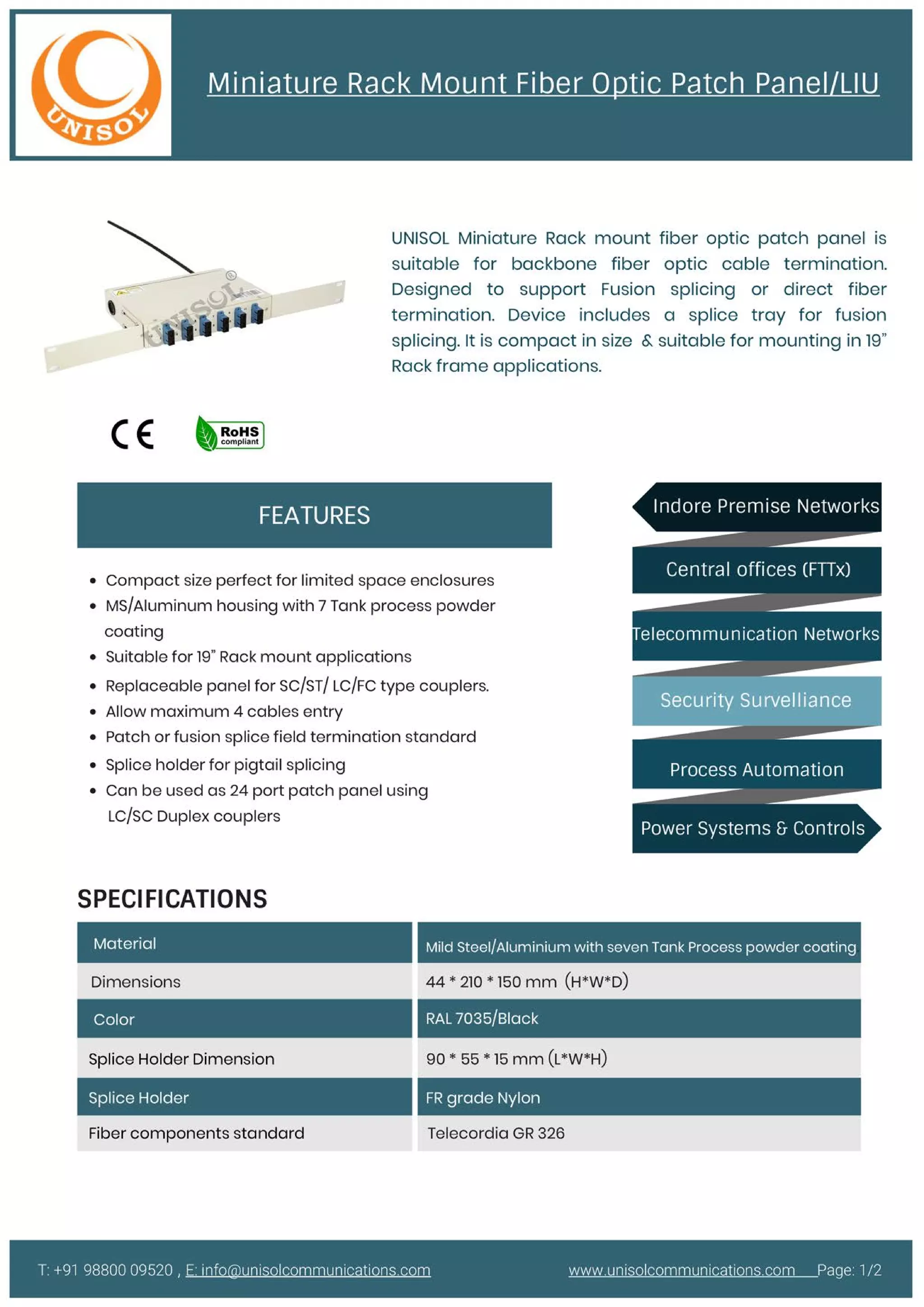 6-12-24 Port mini rack mount patch panel/LIU | Unisol | PDF