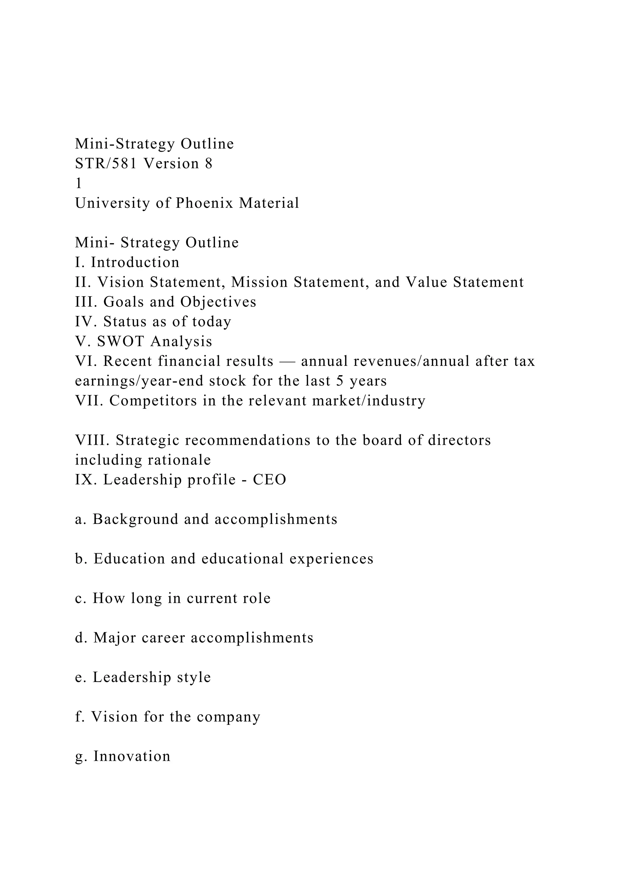 Mini-Strategy OutlineSTR581 Version 81University of Phoen.docx