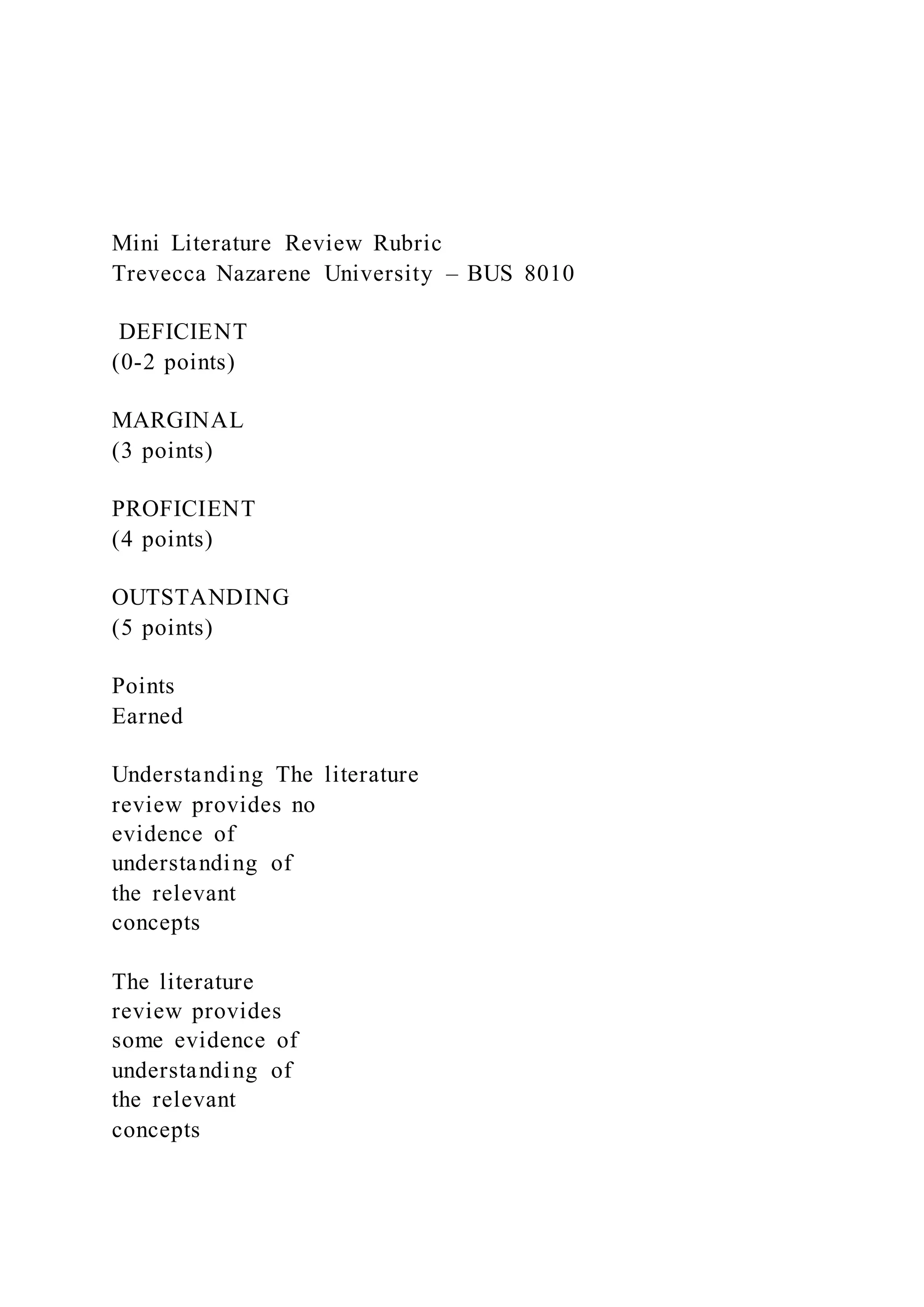 Mini Literature Review Rubric Trevecca Nazarene University – | DOCX