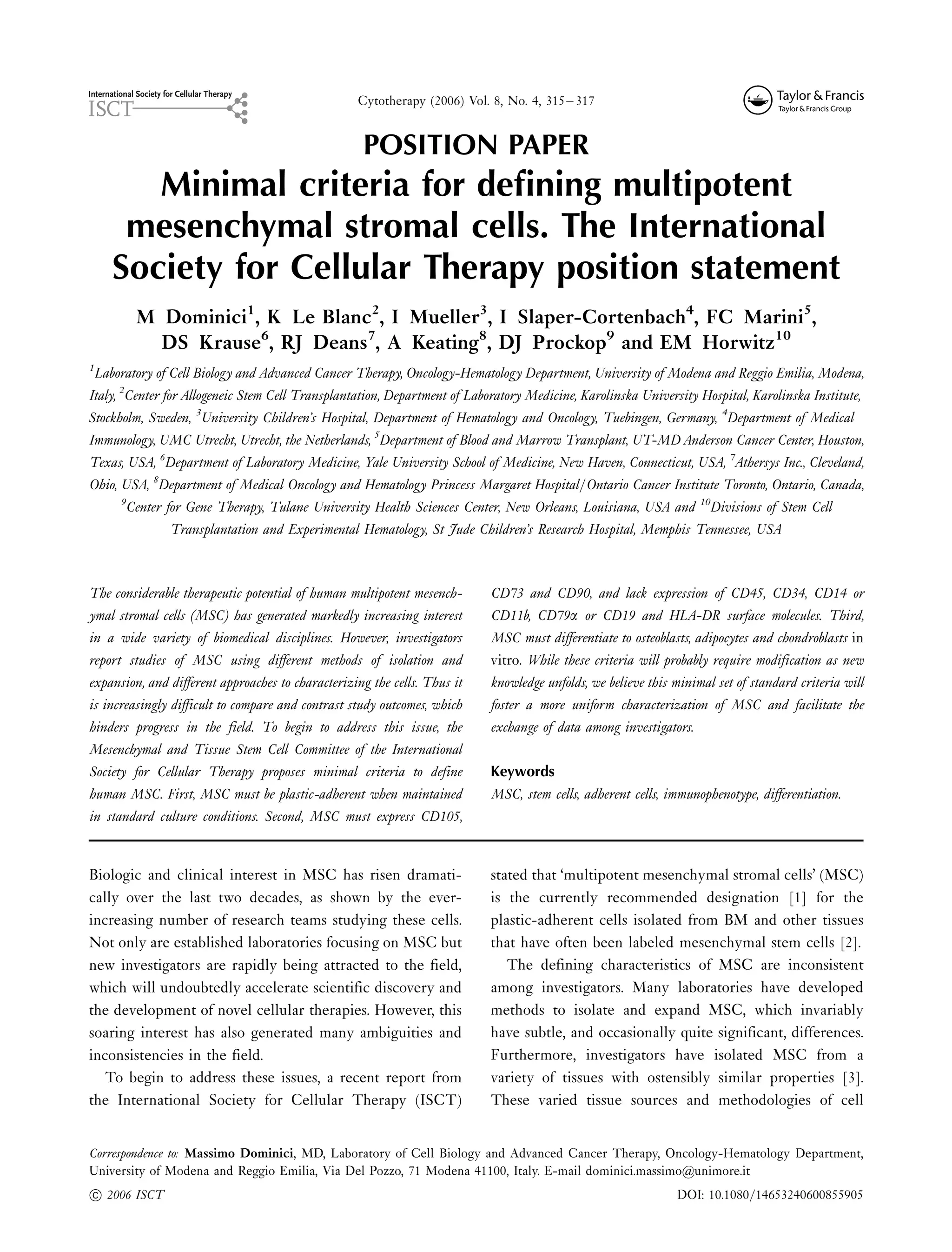 Minimal Criteria for Defining MSC's. The ISCT Position Statement | PDF