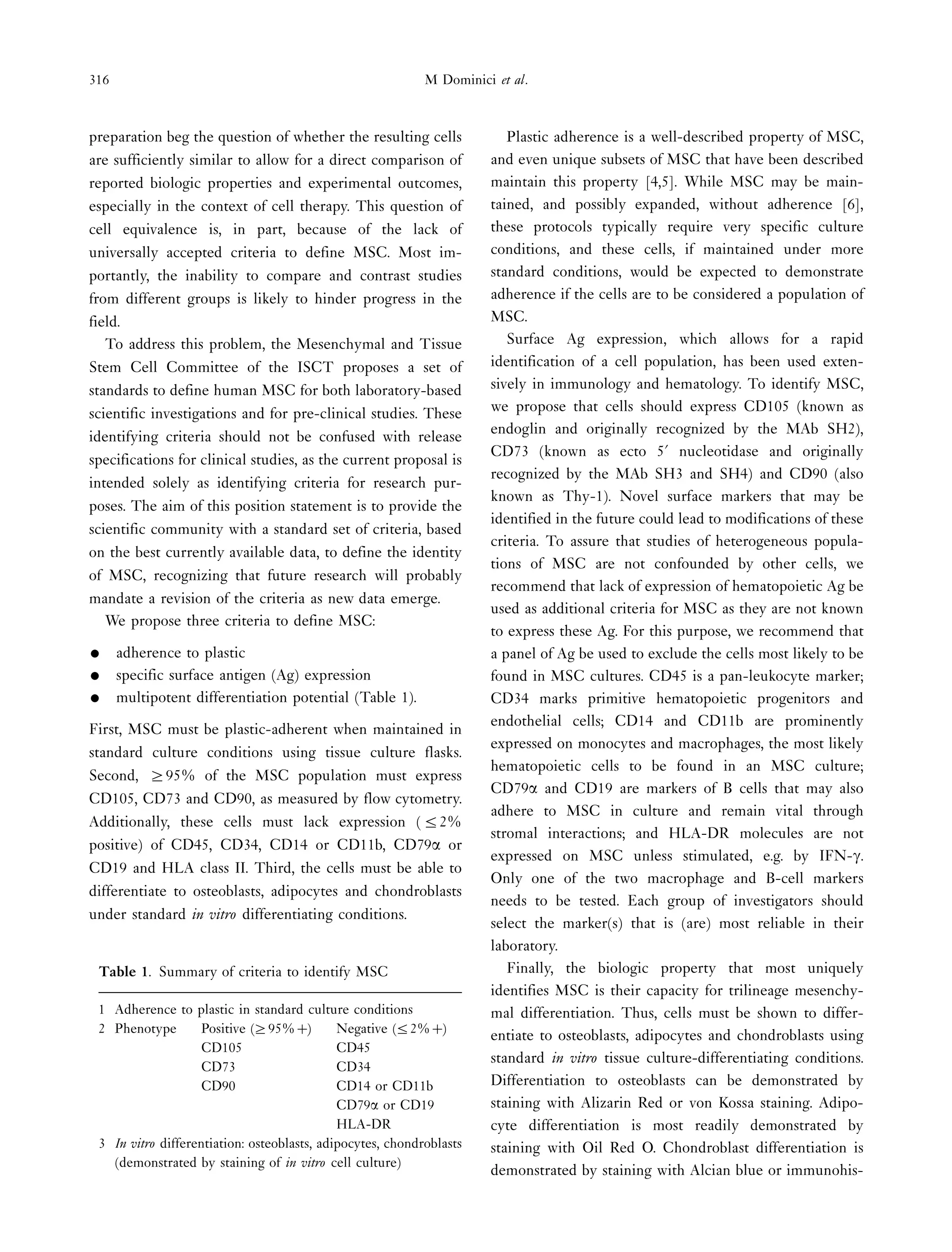 Minimal Criteria for Defining MSC's. The ISCT Position Statement | PDF
