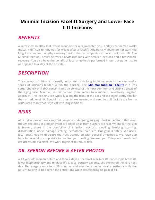 Minimal Incision Facelift Surgery and Lower Face Lift Incisions | PDF