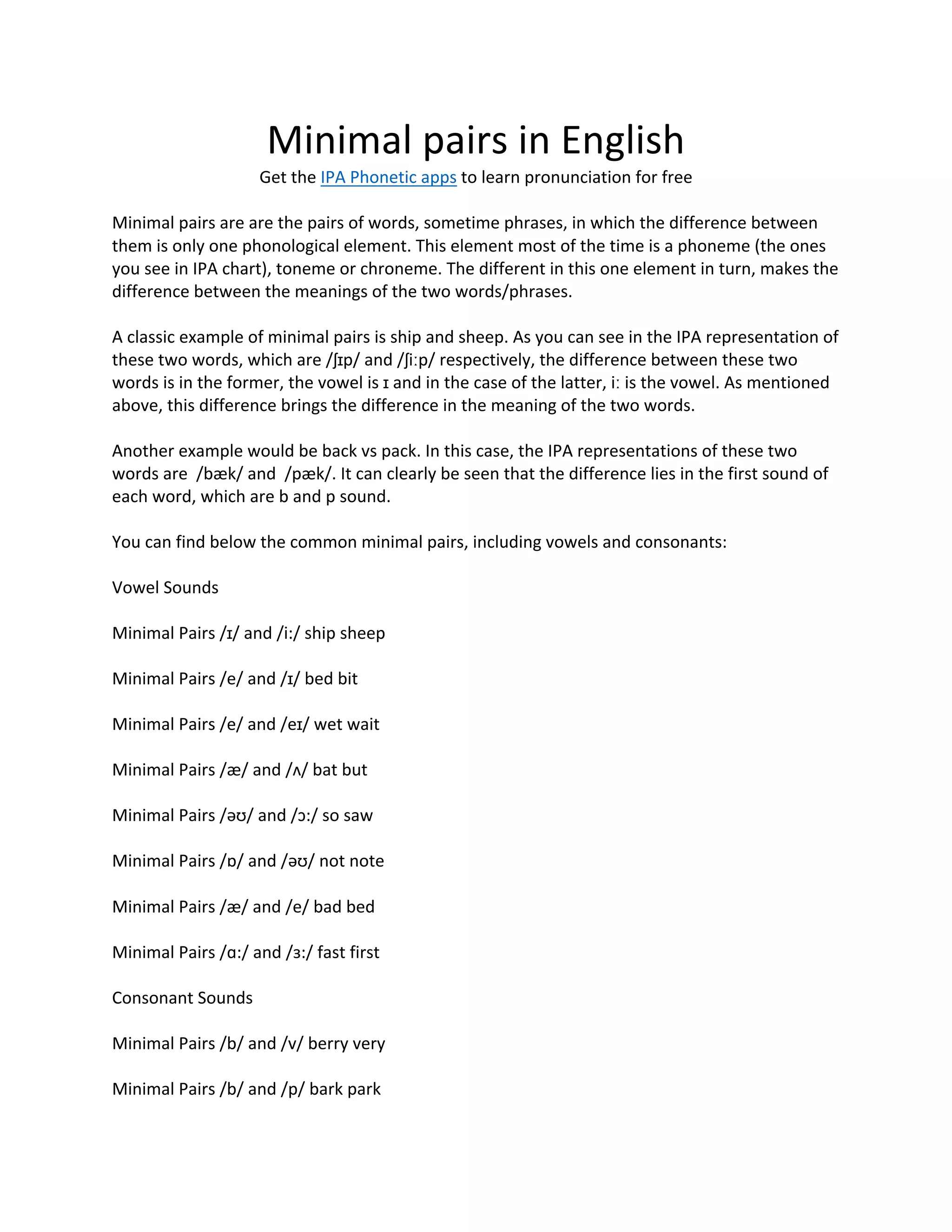 List of minimal pairs in english | PDF