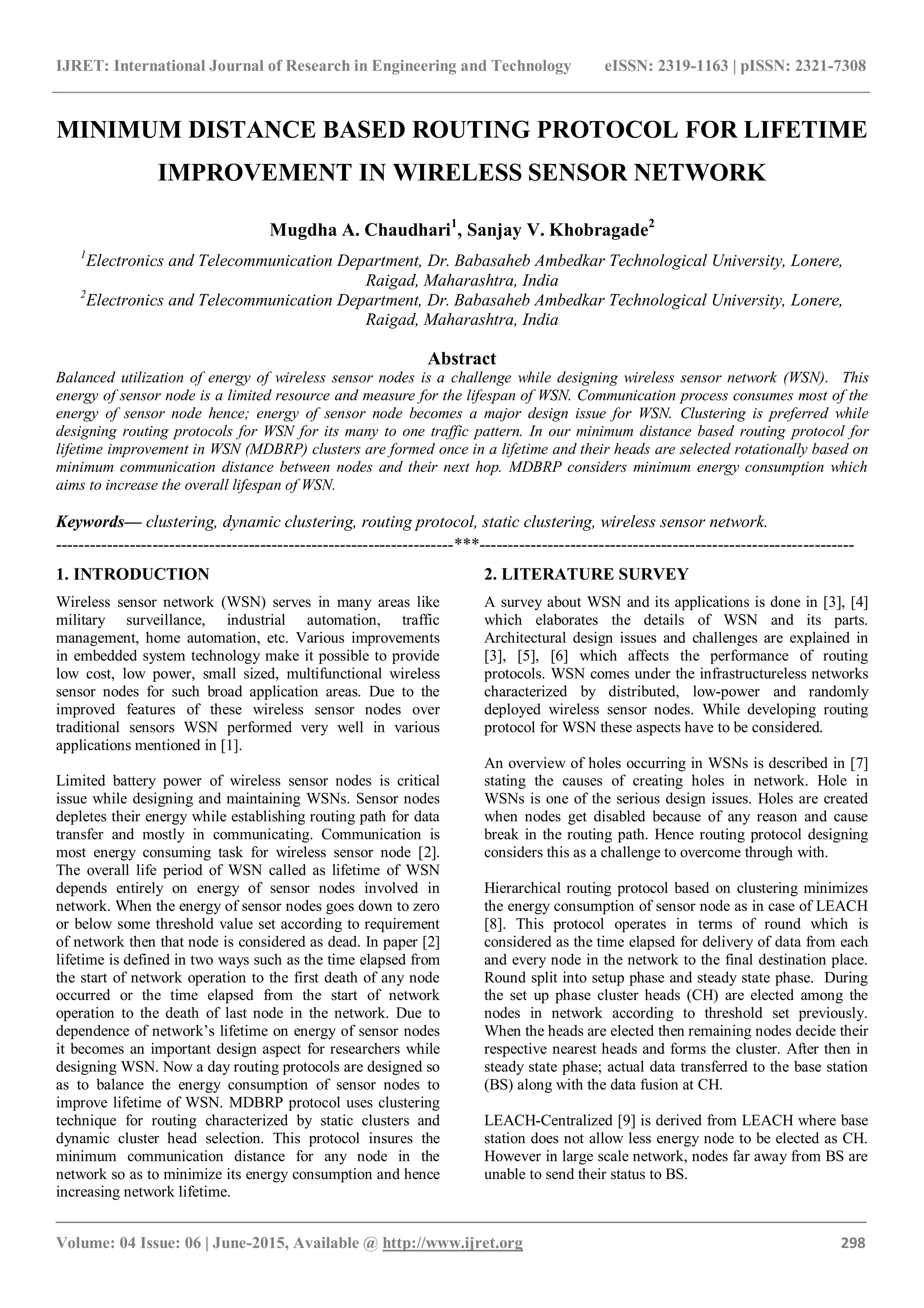 Minimum distance based routing protocol for lifetime improvement in wireless sensor network | PDF
