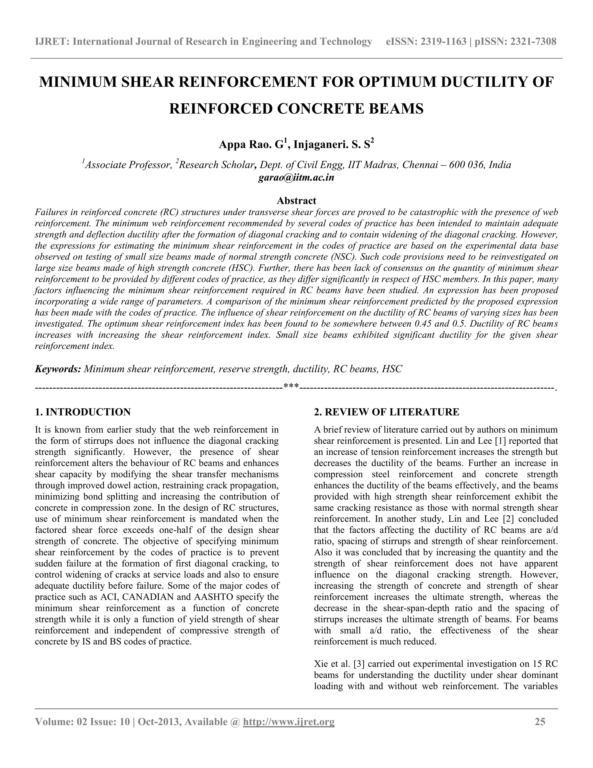 Minimum shear reinforcement for optimum ductility of reinforced ...