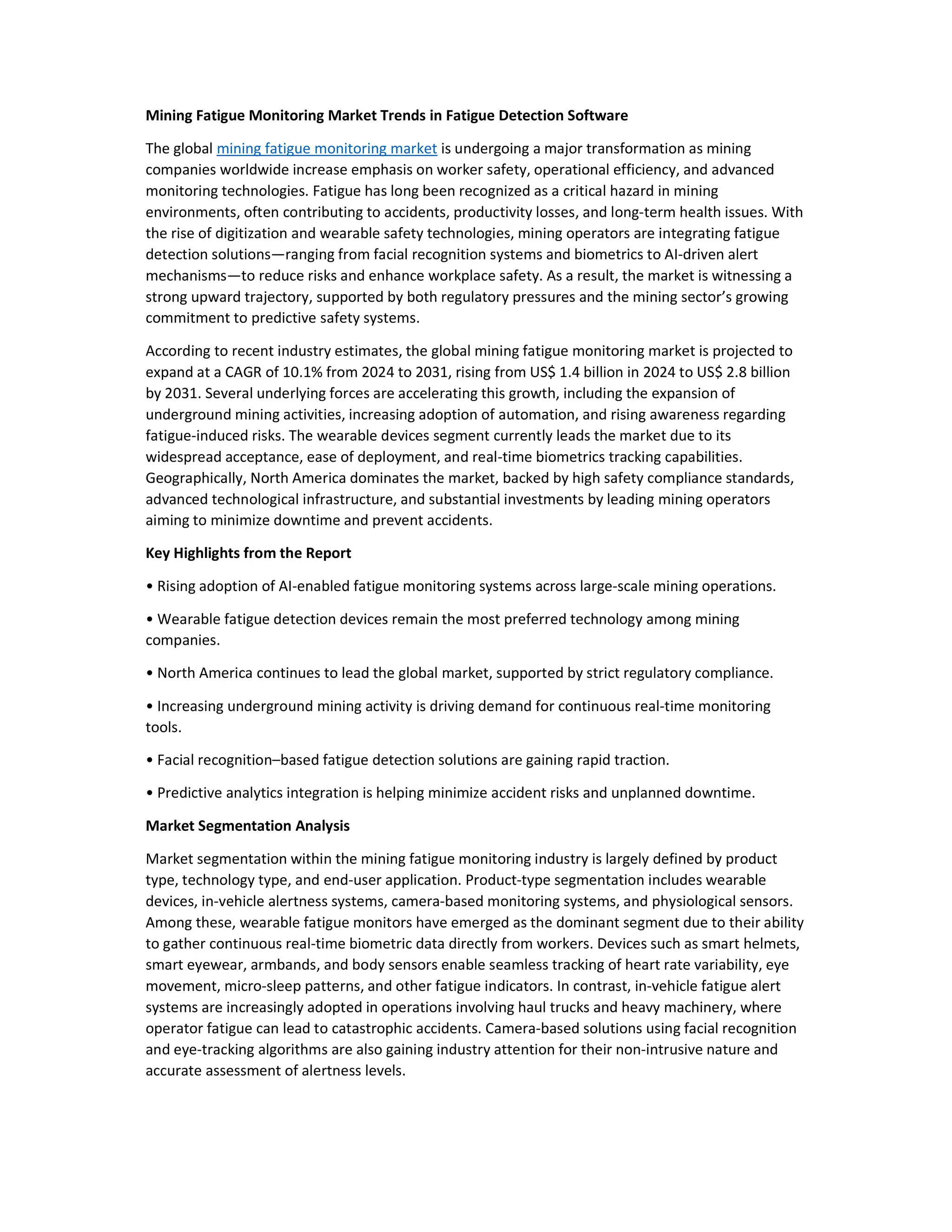 Mining Fatigue Monitoring Market Trends in Fatigue Detection Software | PDF