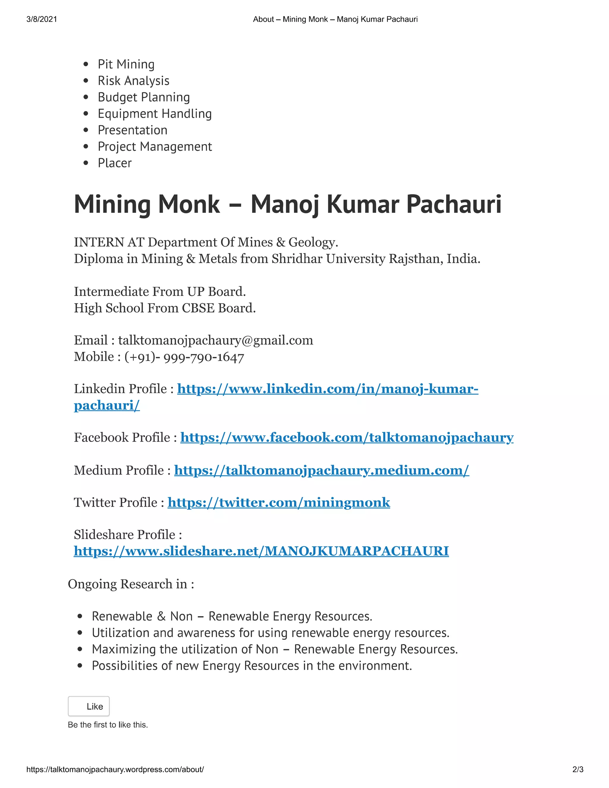 About Manoj Kumar Pachauri - MINING MONK | PDF
