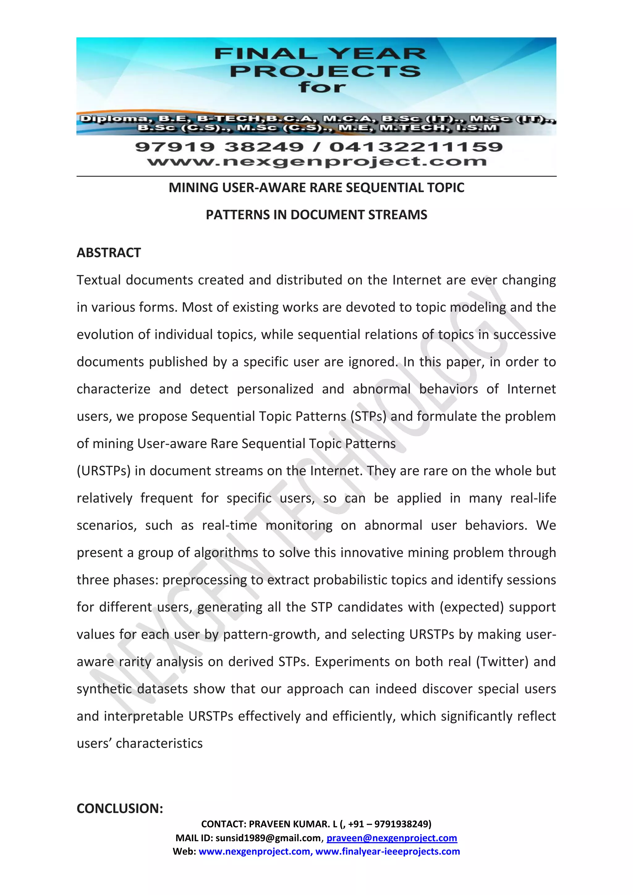 MINING USER-AWARE RARE SEQUENTIAL TOPIC PATTERNS IN DOCUMENT STREAMS | PDF