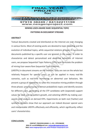 MINING USER-AWARE RARE SEQUENTIAL TOPIC PATTERNS IN DOCUMENT STREAMS | PDF