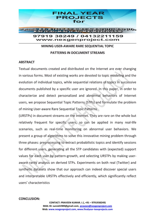 MINING USER-AWARE RARE SEQUENTIAL TOPIC PATTERNS IN DOCUMENT STREAMS | PDF